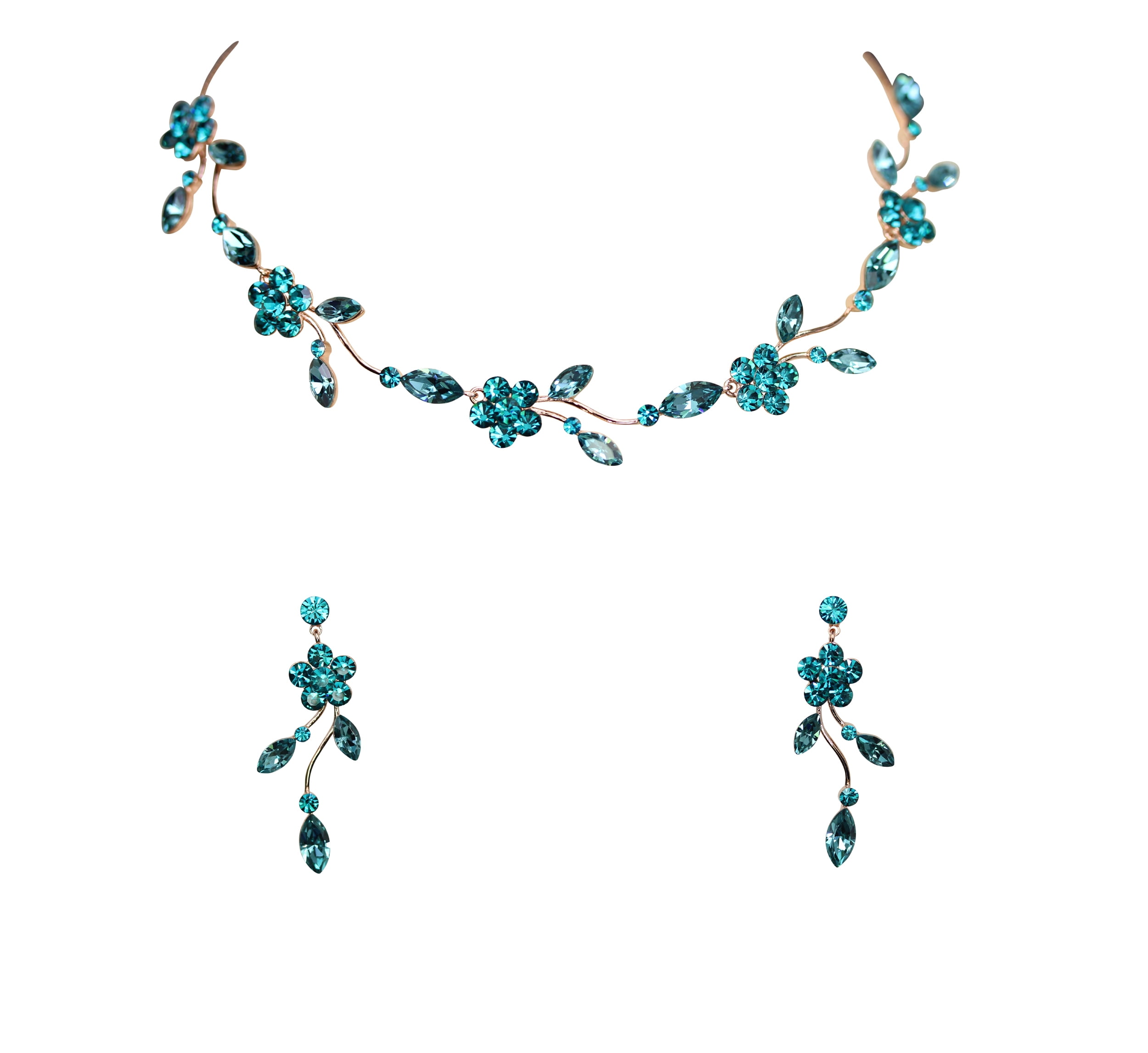 Faship Gorgeous Teal Rhinestone Crystal Floral Necklace Earrings Set ...