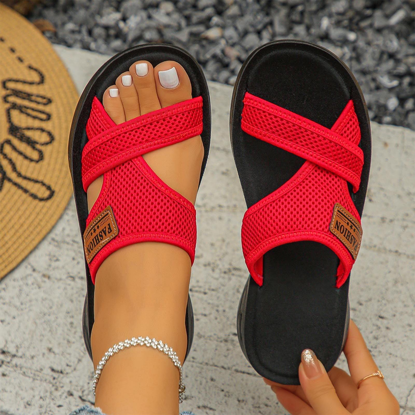 Fasiaou 3 Counts Women's Mesh Slide Sandals Comfortable Open Toe Flat ...