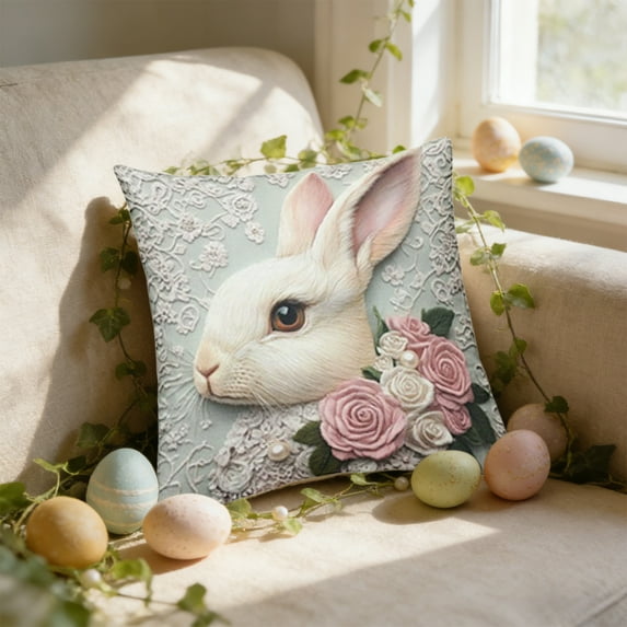 Fasiaou 4 Counts Faux Embroidery Rabbit Pillow Cover 3D Printed Cute ...