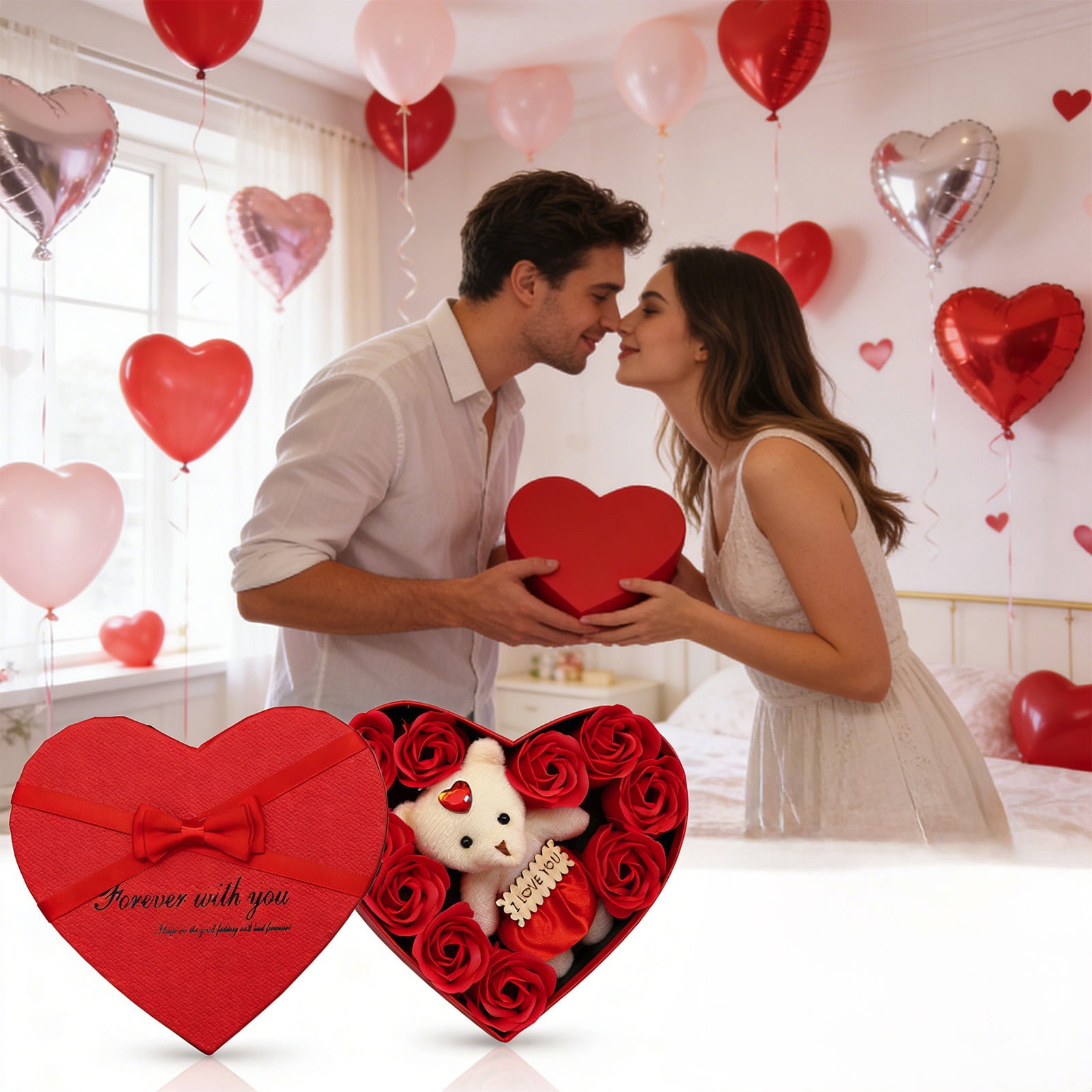 Fasiaou 4 Counts Preserved Rose Bear Gift Box with Artificial Red Roses ...