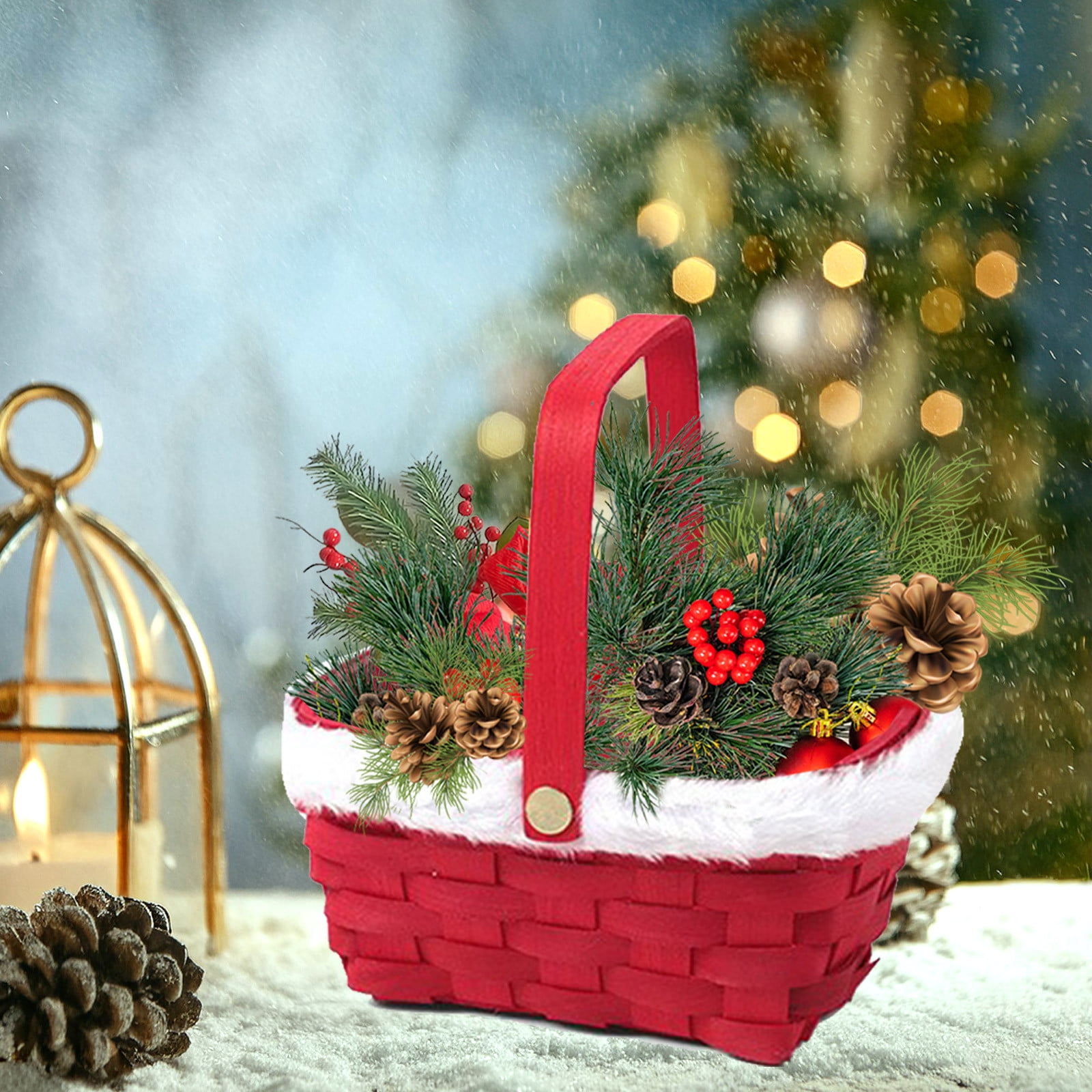 Fasiaou Christmas Portable Plush Flower Basket, Handmade Wicker Rattan ...