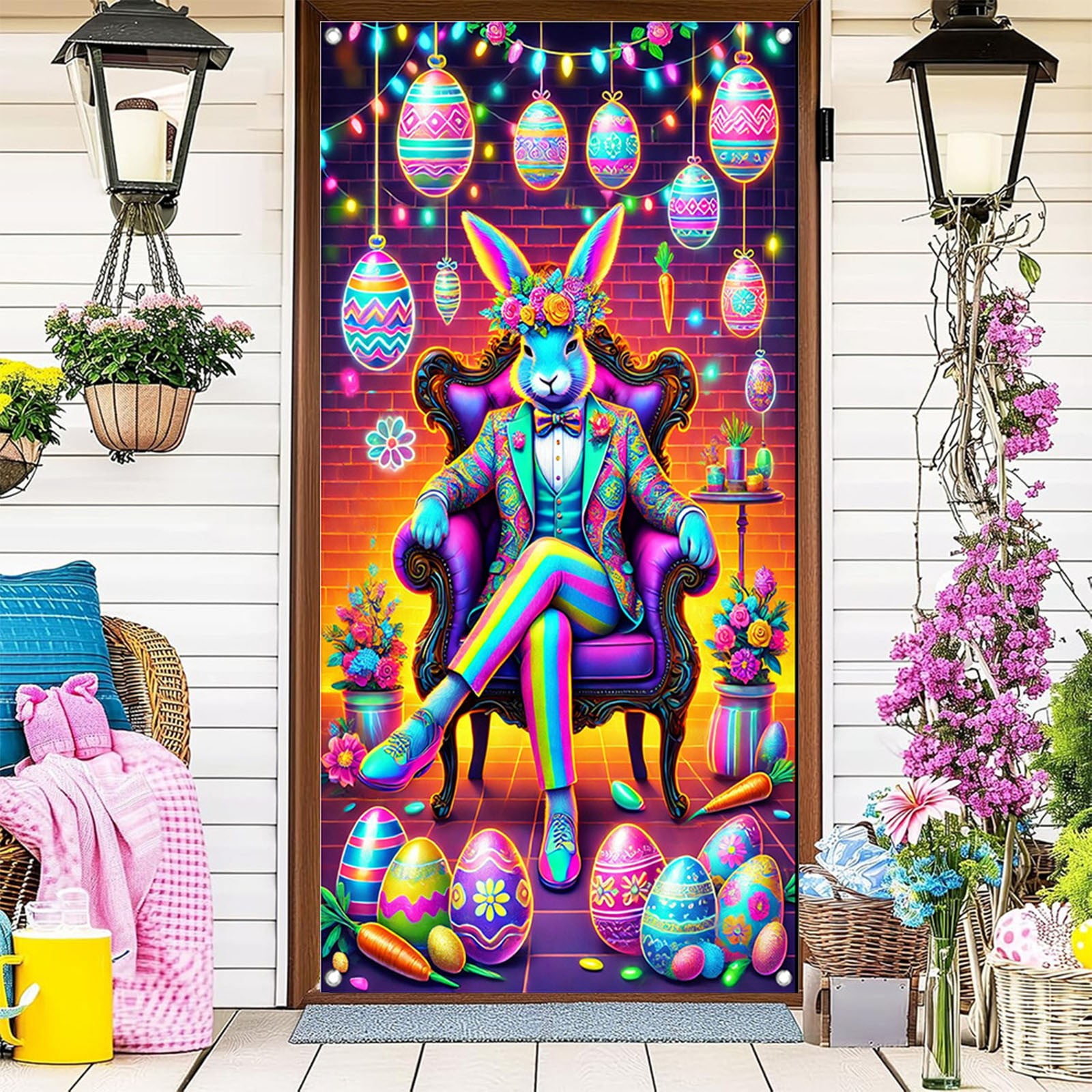 Fasiaou Happy Easter Door Cover Decorations Easter Bunny Eggs Door ...