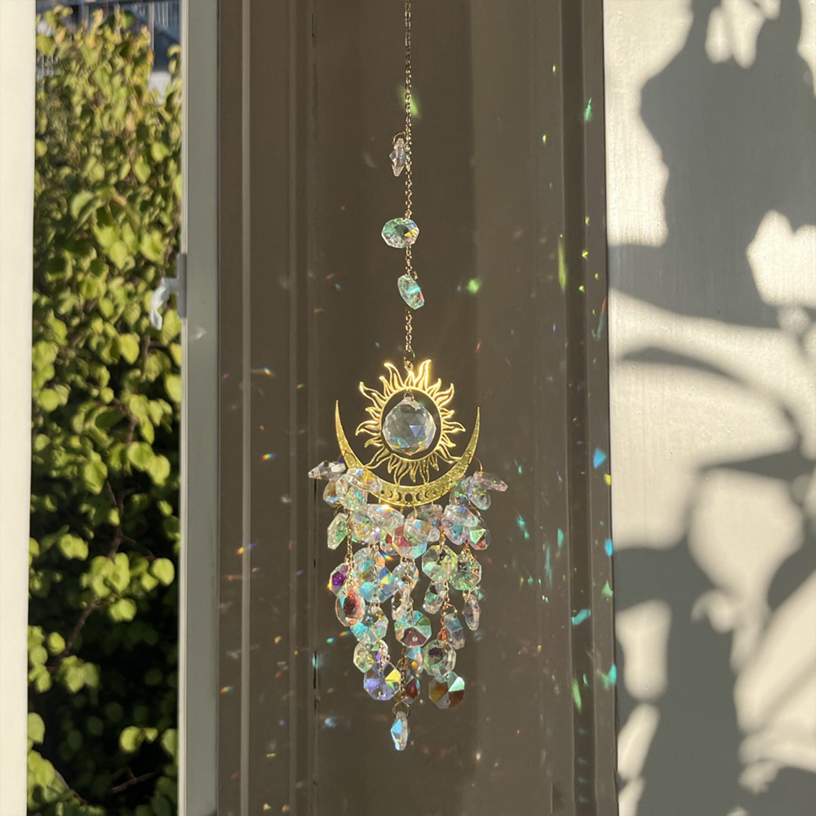 Fasiaou Suncatcher Crystal Wind Chimes - Large Sun and Moon Sun Catcher ...
