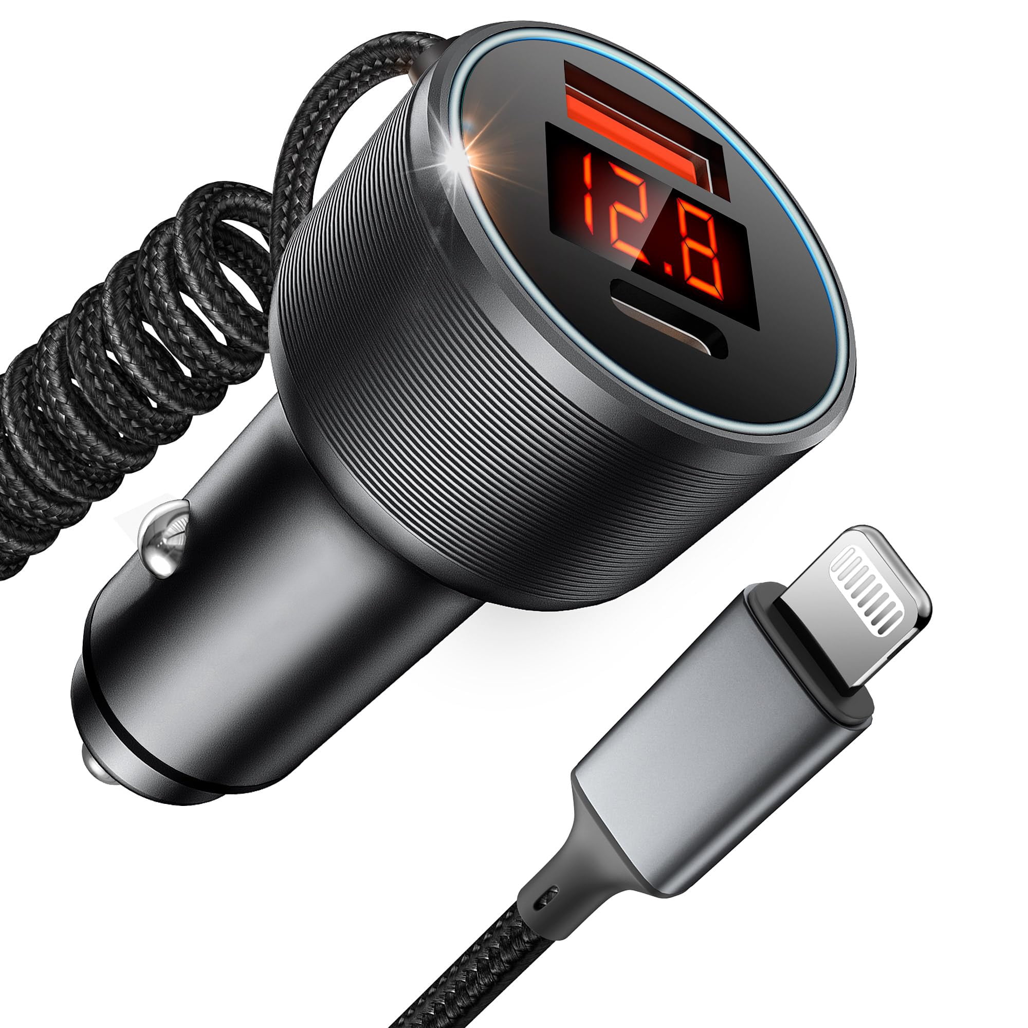Fast Car Charger with Built-in Lightning Cable, USB-C & USB-A Ports ...