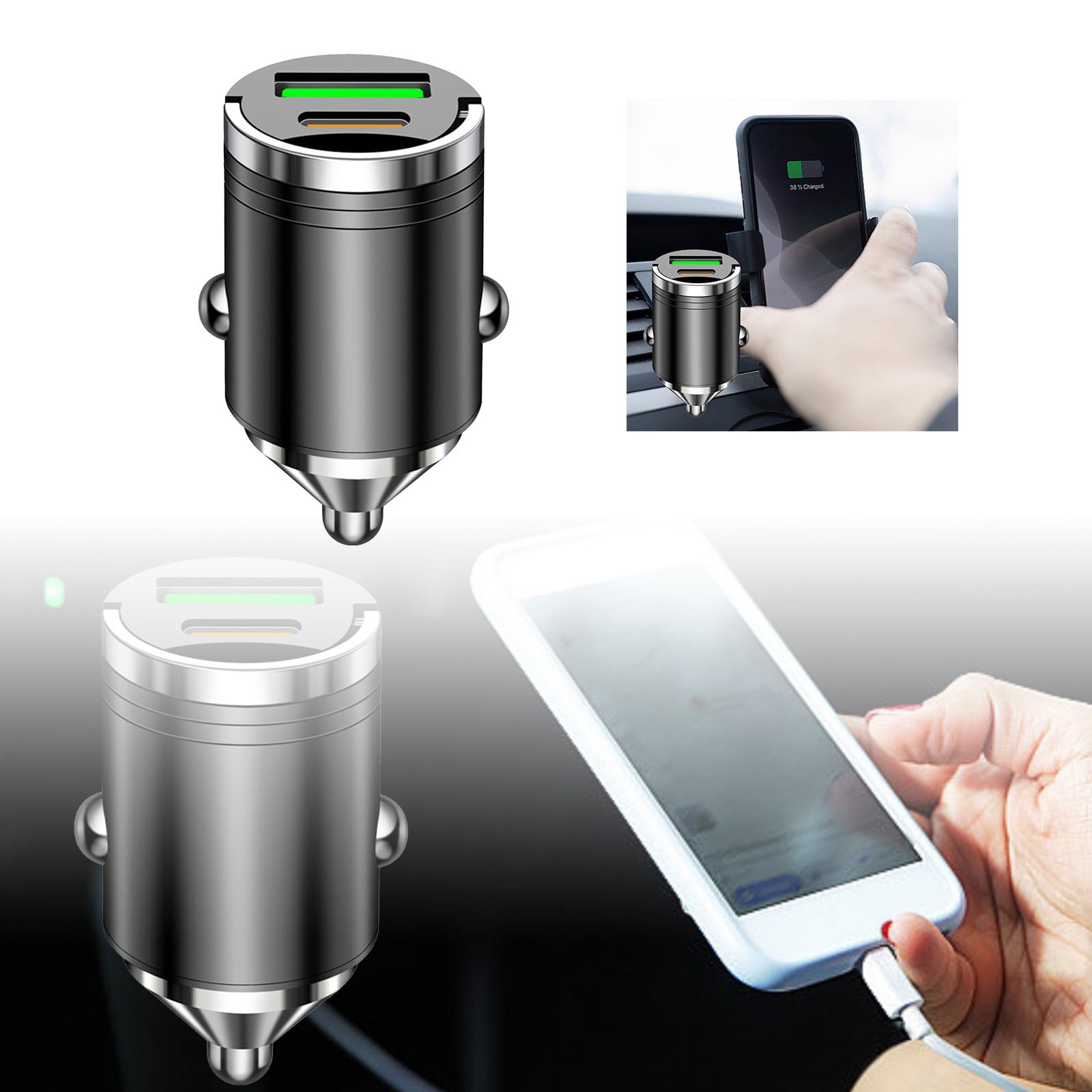Fast Charging Car Charger - Mini USB-C Adapter, 2 Ports - for Phones ...