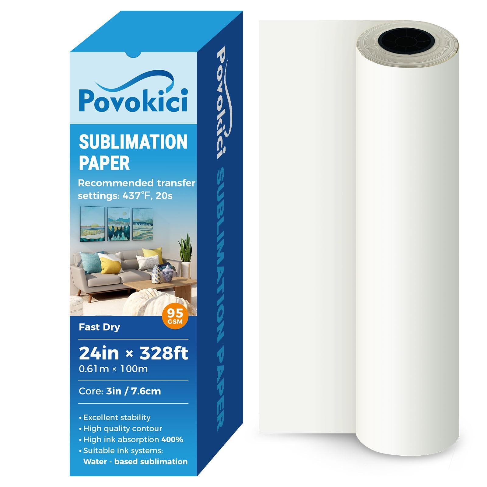 Fast Dry Dye Sublimation Paper Roll 95gsm 24in x 328ft 3" Core for Heat ...
