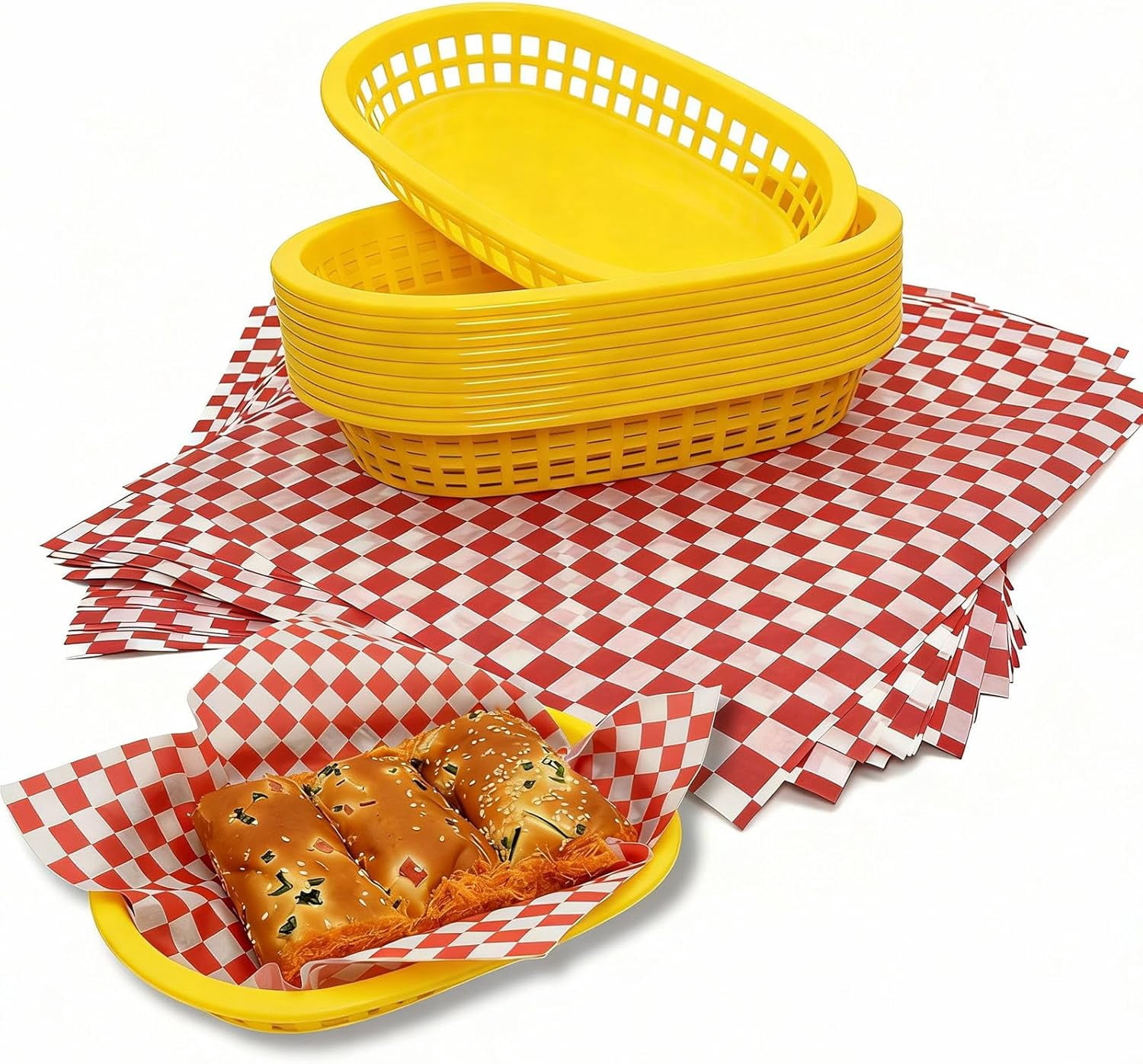 Fast Food Baskets with Checkered Deli Liners,10 Reusable Plastic ...