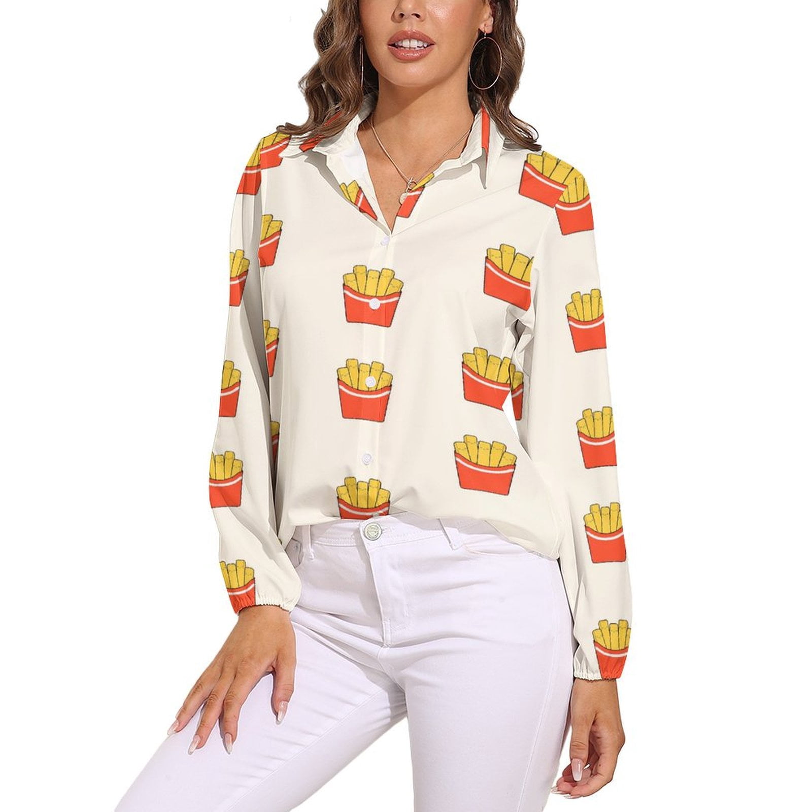 Fast Food French Frie Vntage Casual Long Sleeve Shirt Blouse Woman ...