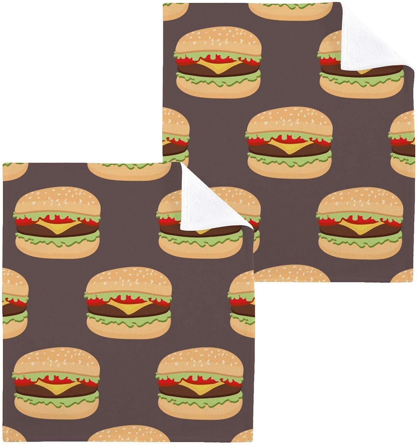 Fast Food Hamburger Washcloth 12x12in Set, 2 Pack Absorbent Cotton ...