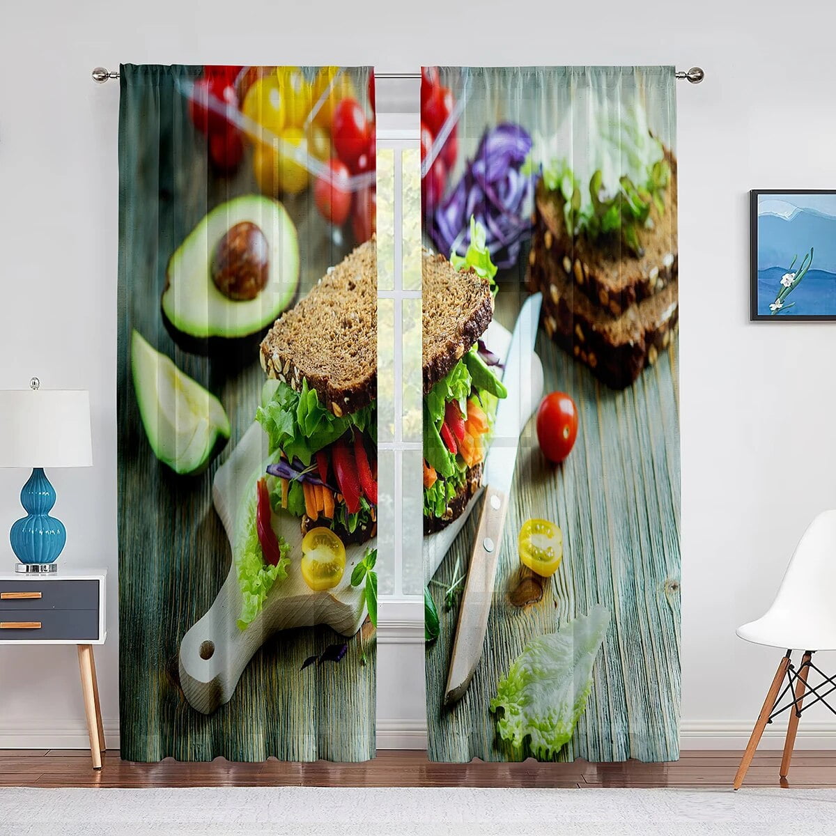 Fast Food Pattern Sheer Voile Curtain Pizza Hamburger Fries Chiffon ...