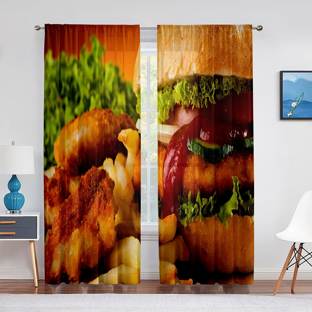 Fast Food Pattern Sheer Voile Curtain Pizza Hamburger Fries Chiffon ...