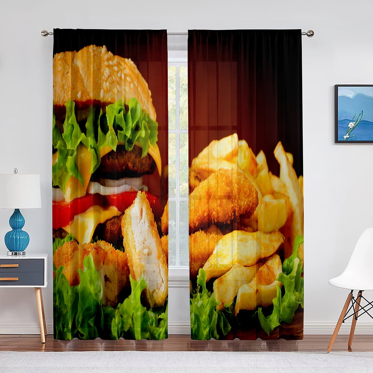 Fast Food Pattern Sheer Voile Curtain Pizza Hamburger Fries Chiffon ...