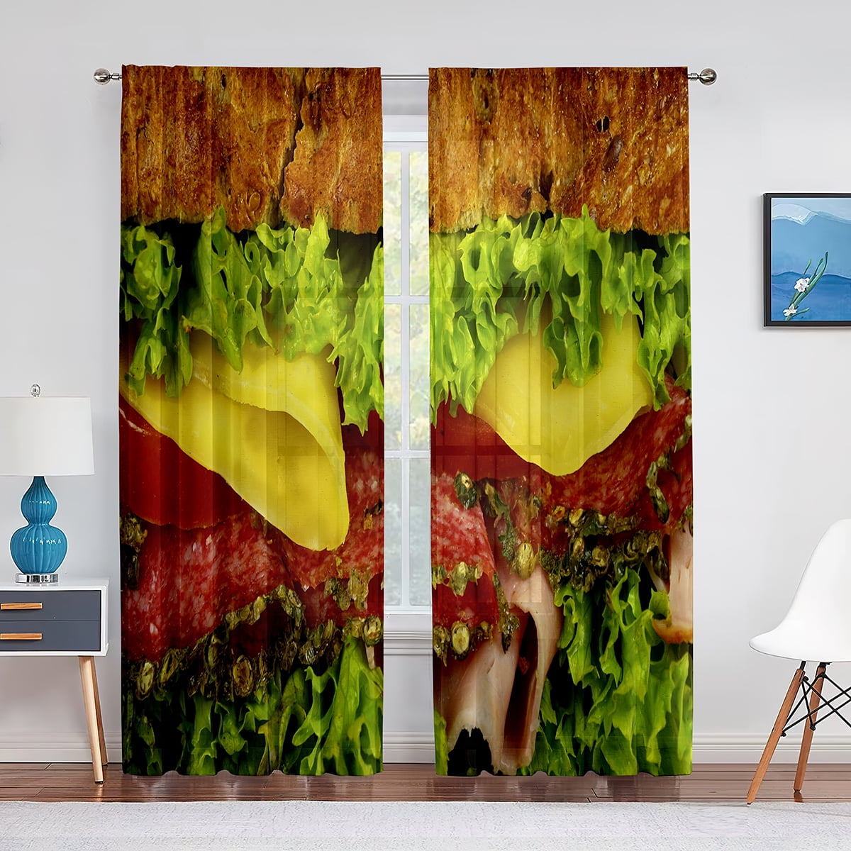 Fast Food Pattern Sheer Voile Curtain Pizza Hamburger Fries Chiffon ...