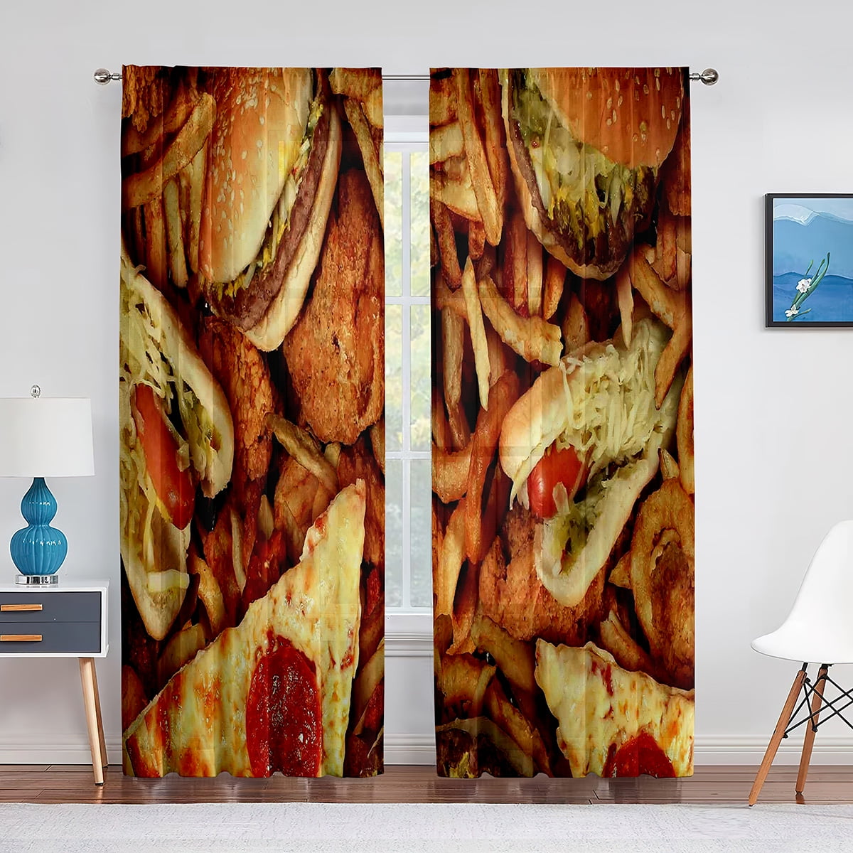 Fast Food Pattern Sheer Voile Curtain Pizza Hamburger Fries Chiffon ...