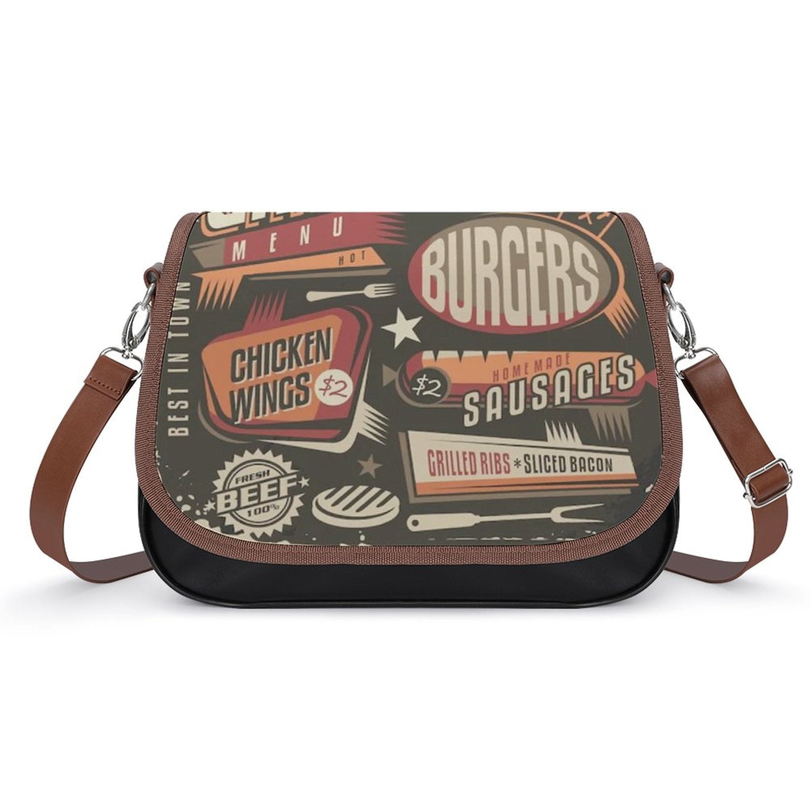 Fast Food Restaurant Menu Pu Leather Shoulder Bag Essential For Daily ...
