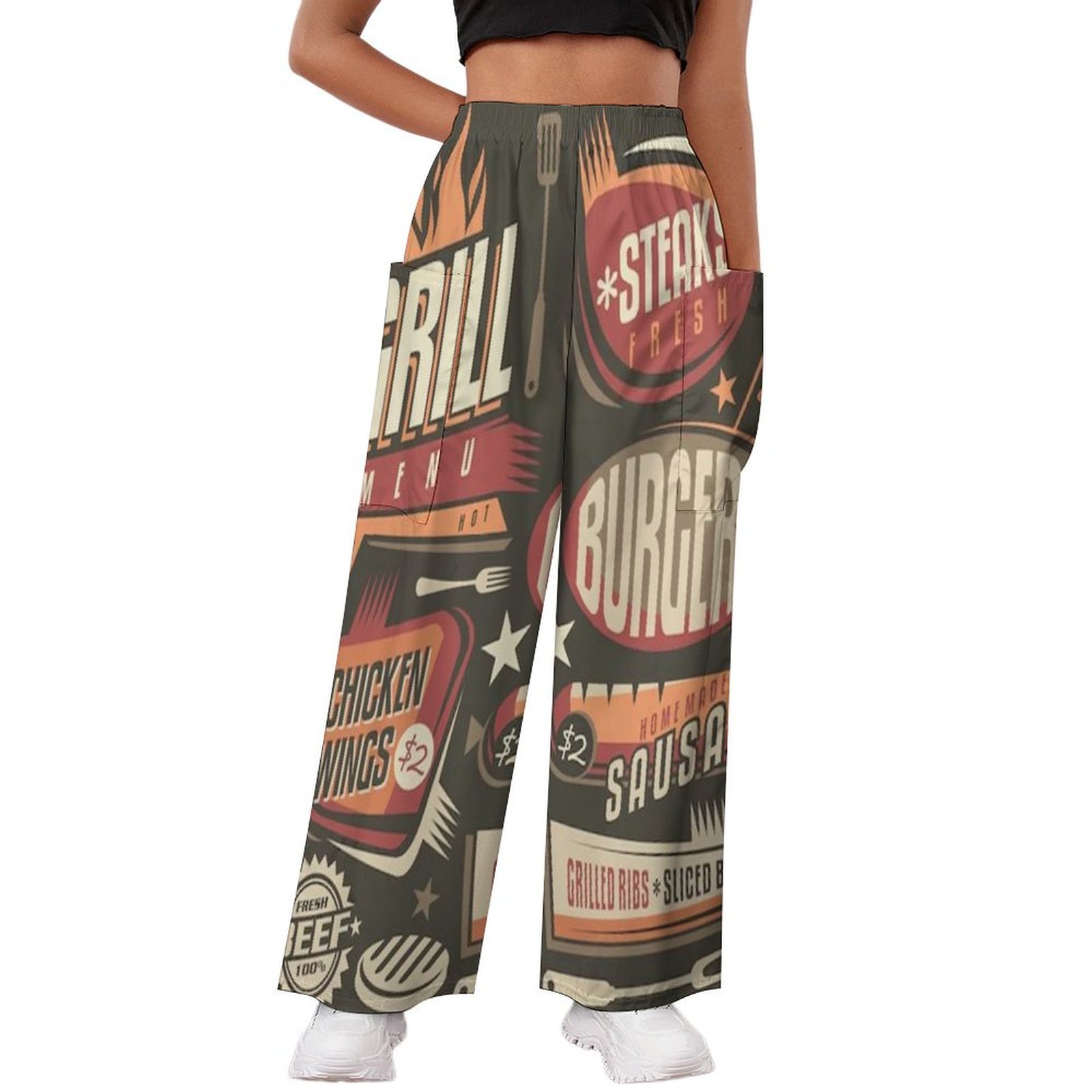 Fast Food Restaurant Menu Straight Leg Trousers for Women High Waist ...