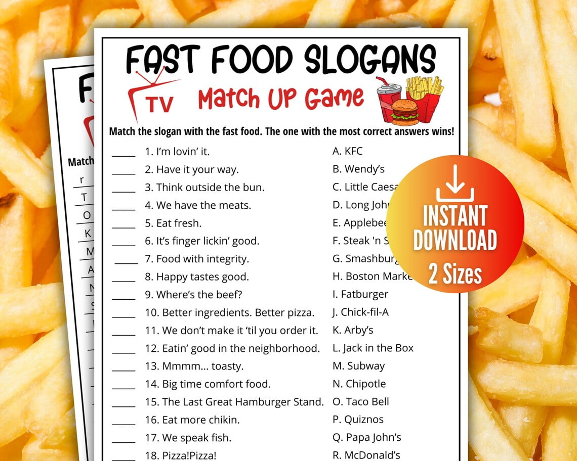 Fast Food Slogan Trivia Game, Ad Slogan Match Quiz, Printable Party ...