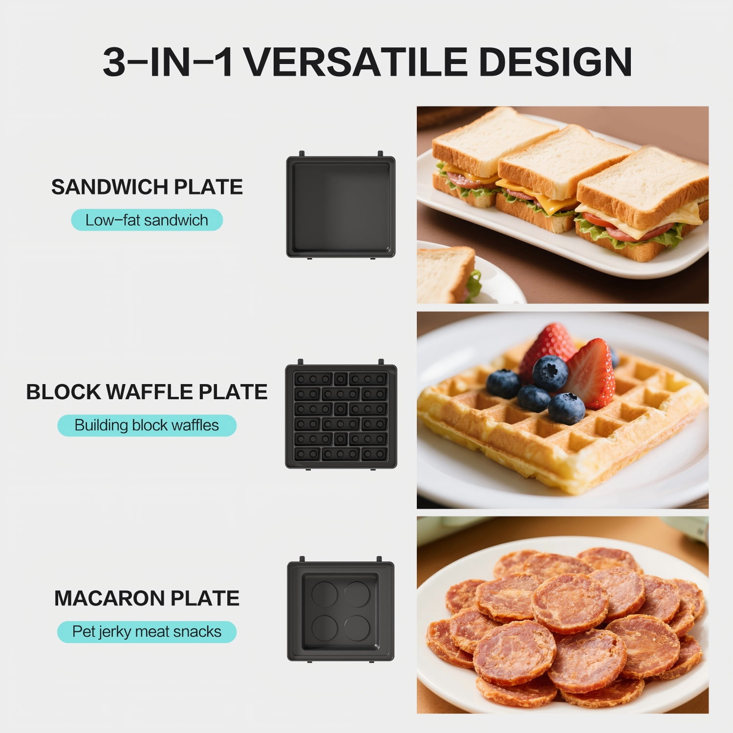 Fast Heating 3-in-1 Mini Waffle Maker Panini Grill Sandwich Press ...