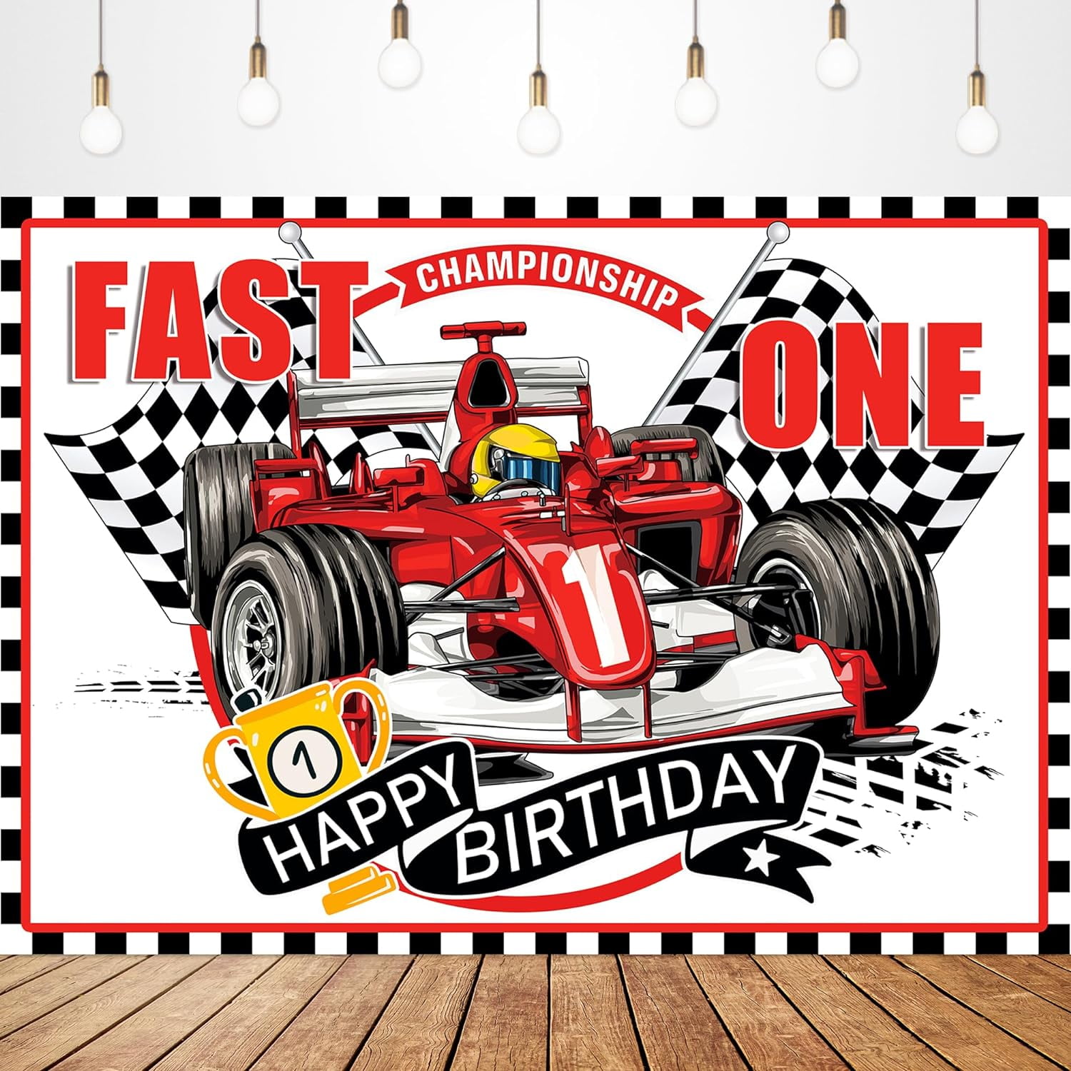 Fast One Birthday Backdrop Red Racing Car Cartoon Cute Black White ...