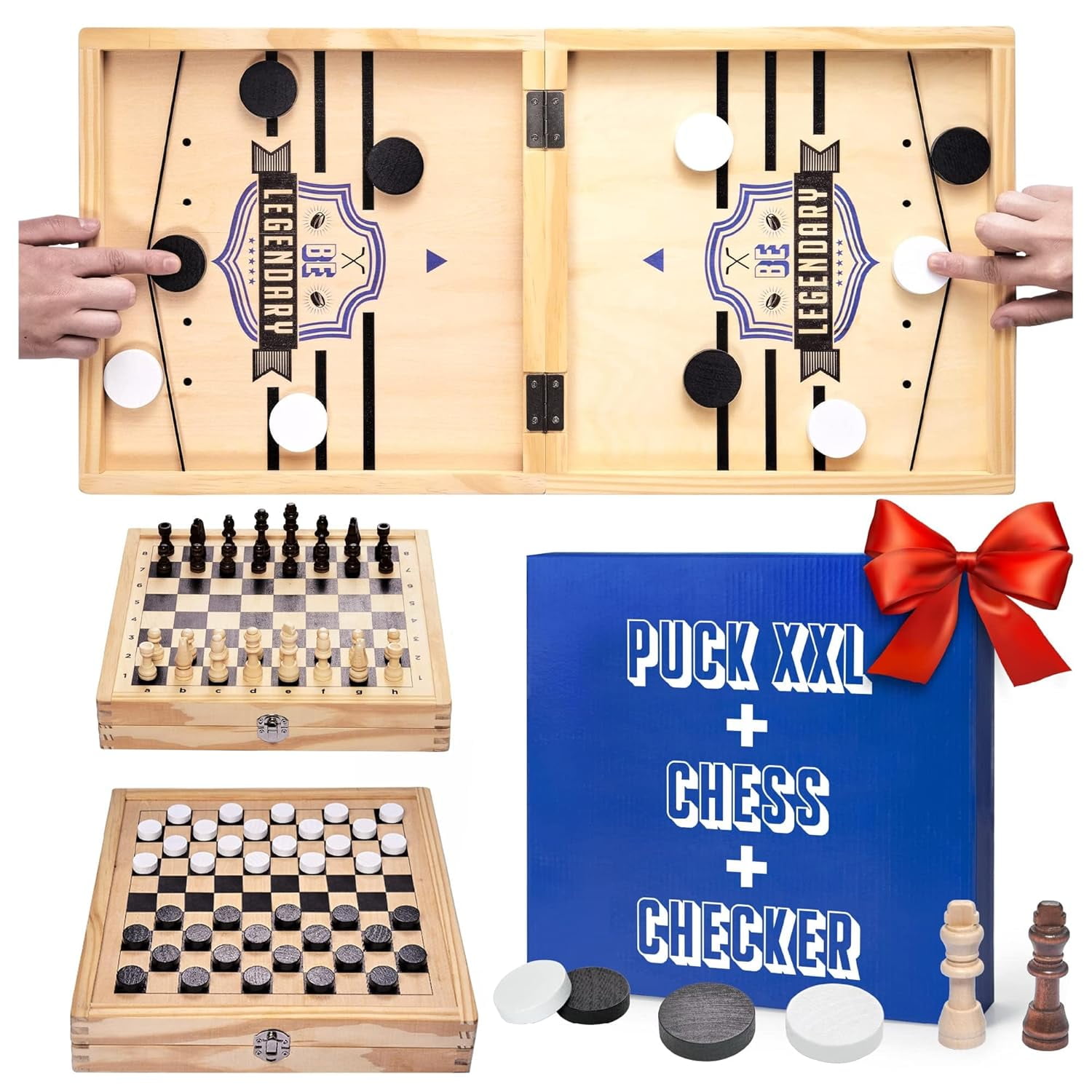 Fast Sling Puck Game Large 3 In 1 - Chess Board, Checkers Game, Slim ...
