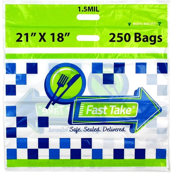 Fast Take® Tamper-Evident Carryout Bag 1.5Mil, 21" X 18" + 10"BG & 250 ...