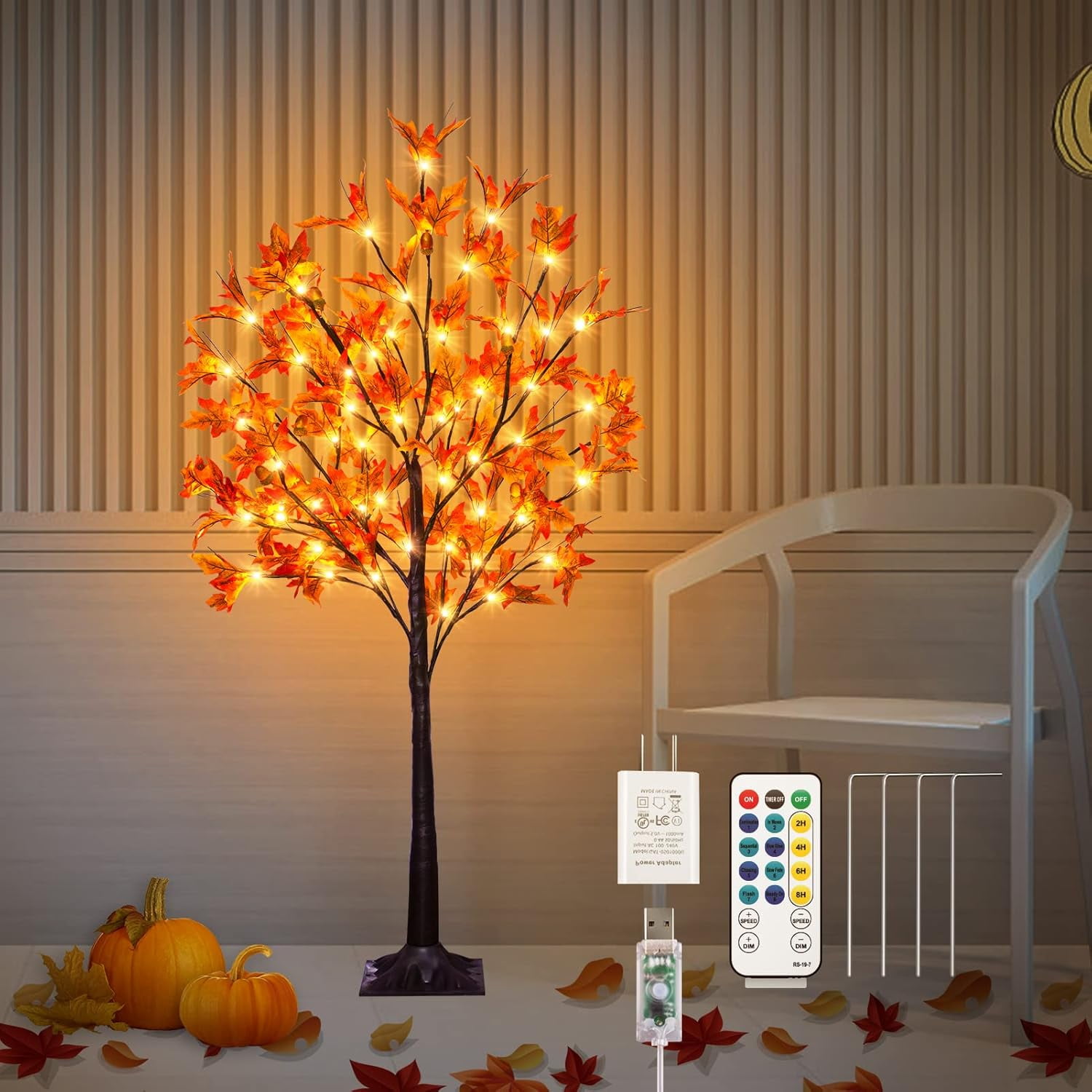 FastDeng 4Ft Lighted Maple Tree Thanksgiving Fall Decor, 60 LED Warm ...