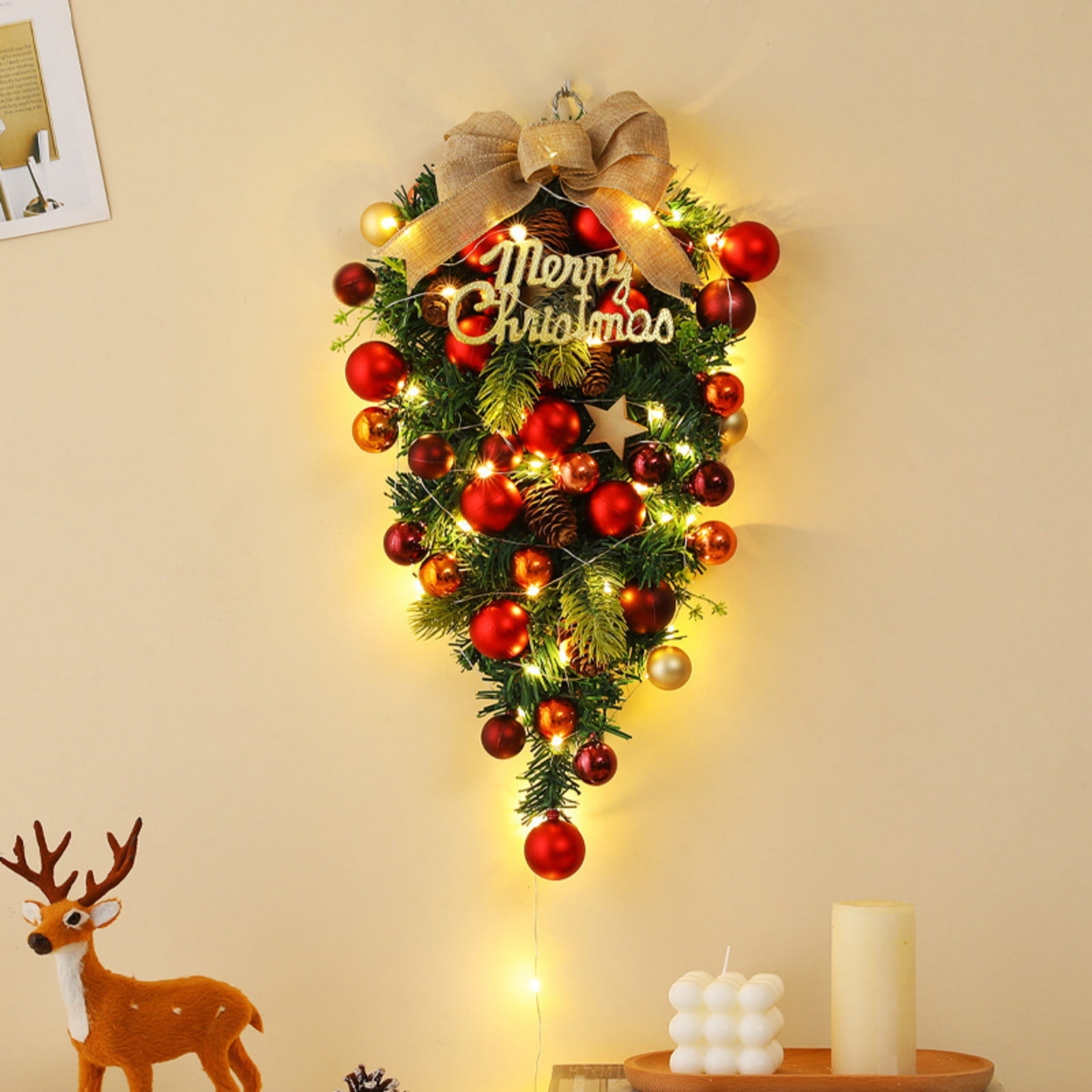FastXmas 15.7" Pre-Lit Christmas Wreaths with LED String Lights for ...