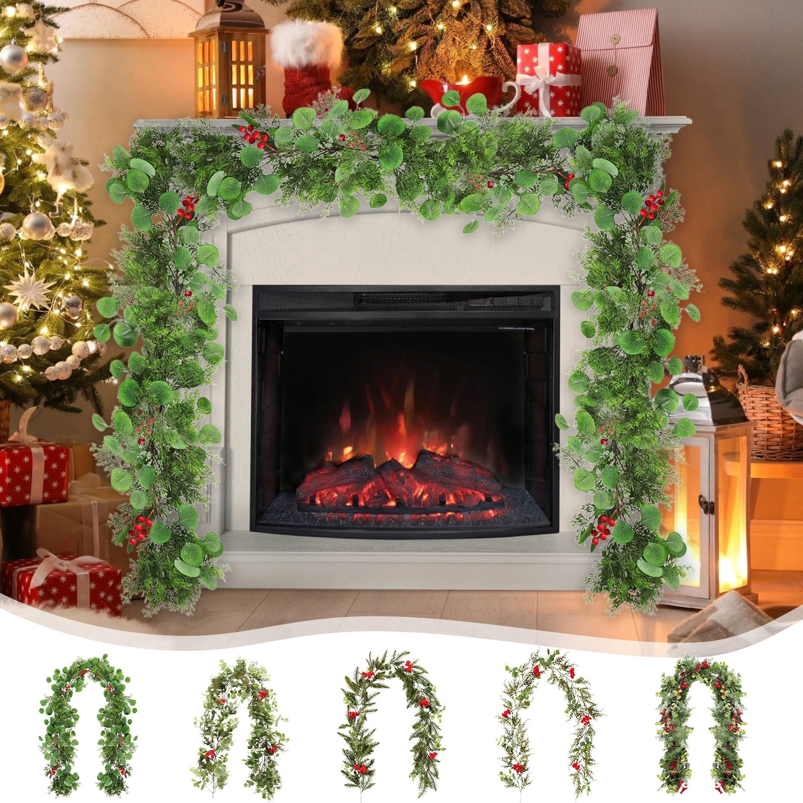 FastXmas Christmas Garland Berry Poinsettias Flowers Garlands 5.97ft ...