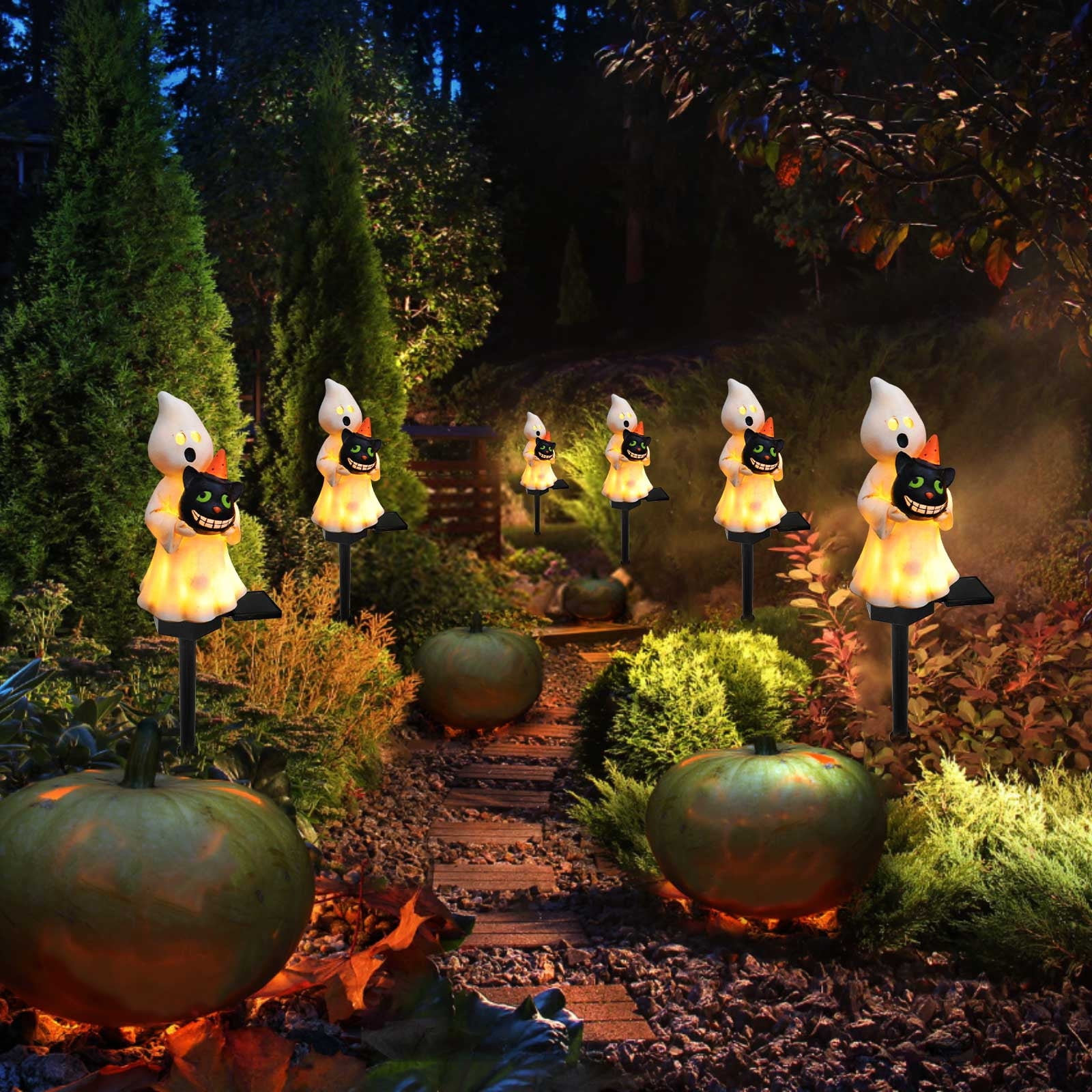 FastXmas Ghost Pathway Solar Lights Outdoor, Halloween Decorations 18 ...