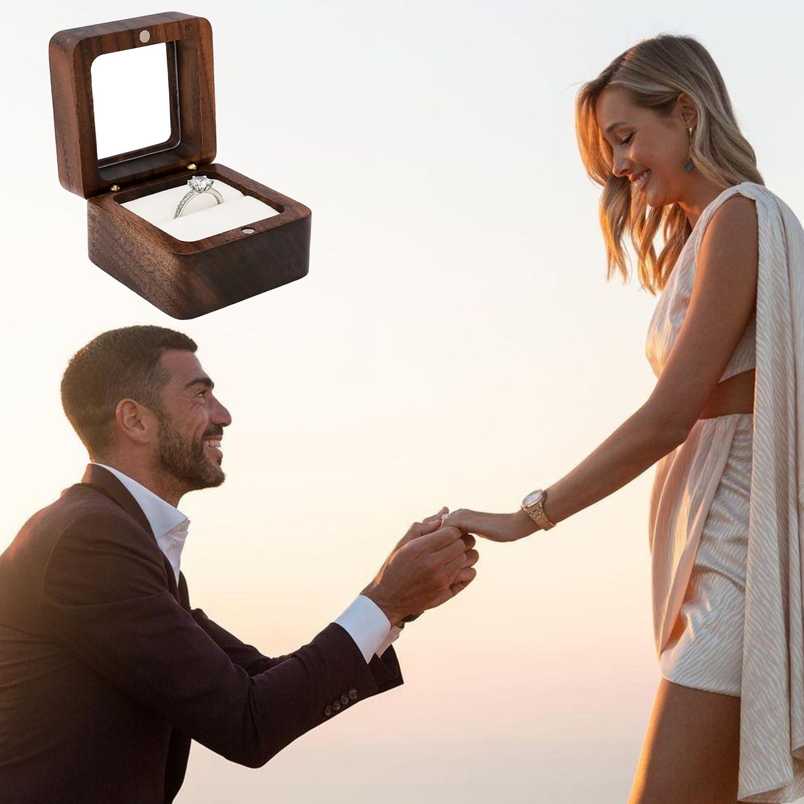 FastXmas Wooden Ring Box, Mini Engagement Ring Holder Box with Single ...