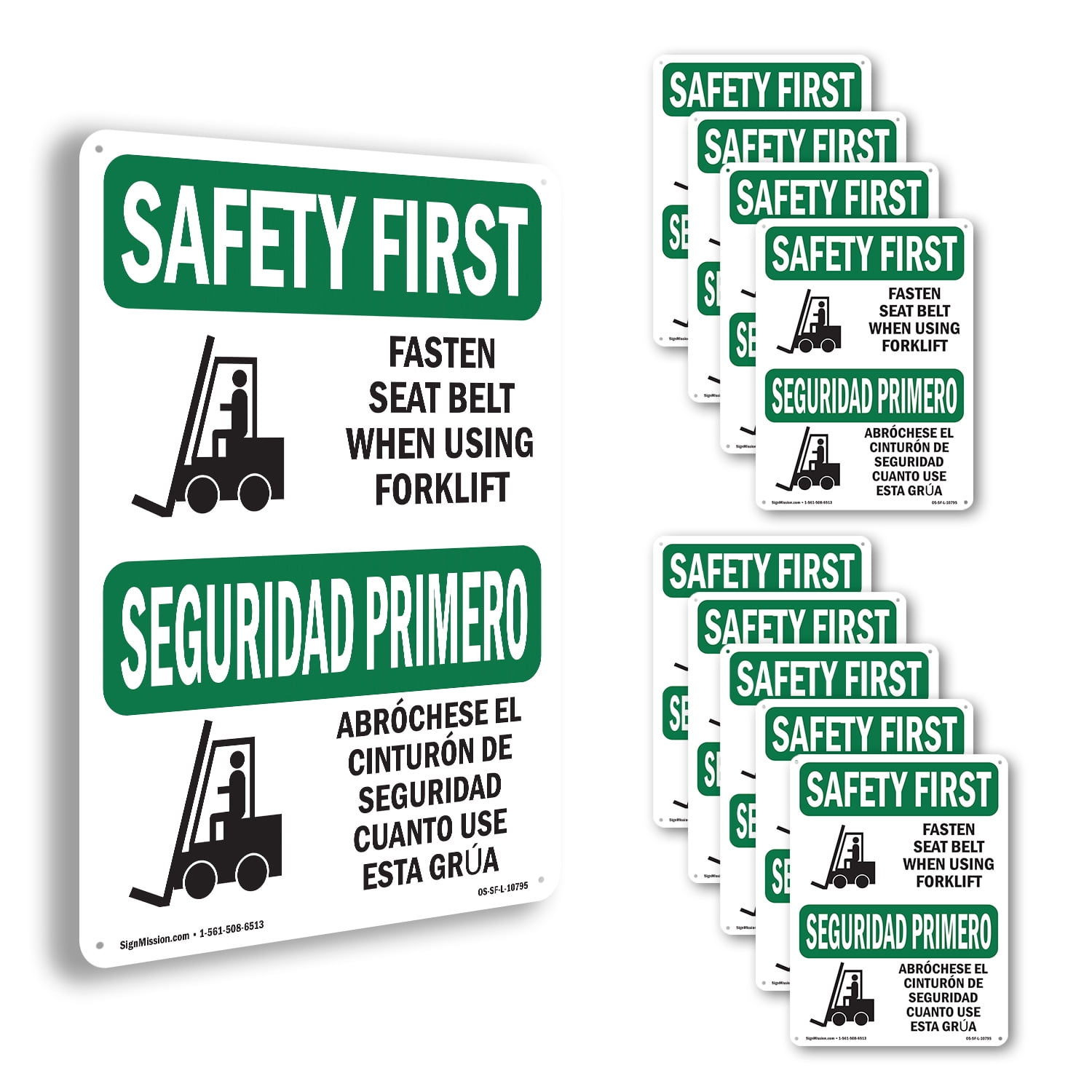 Fasten Belt Using Forklift Bilingual OSHA SAFETY FIRST Aluminum Sign 18 ...