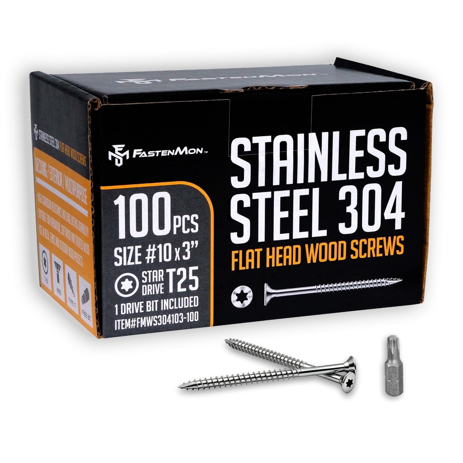 FM FASTENMON Deck Screws Stainless Steel 304, T25 Star Drive, 100 Pack ...