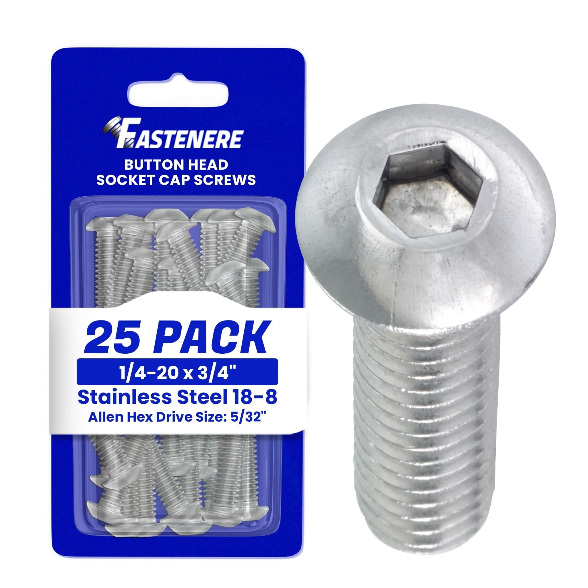 Fastenere Button Head Socket Cap Screws - 1/4-20 x 3/4", 18-8 (25-Pcs) Stainless Steel, Fully ...