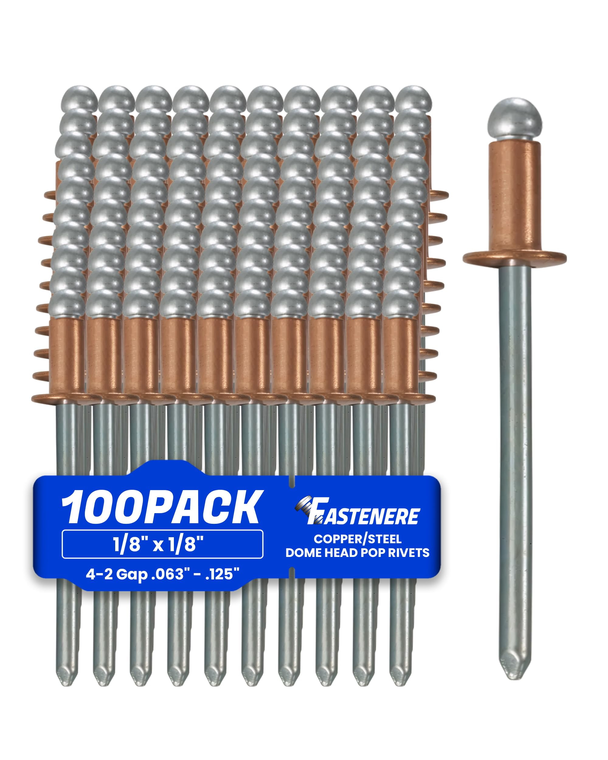 Fastenere Copper Pop Rivets - 1/8" x 1/8" (100 Pack) Copper Body Steel ...