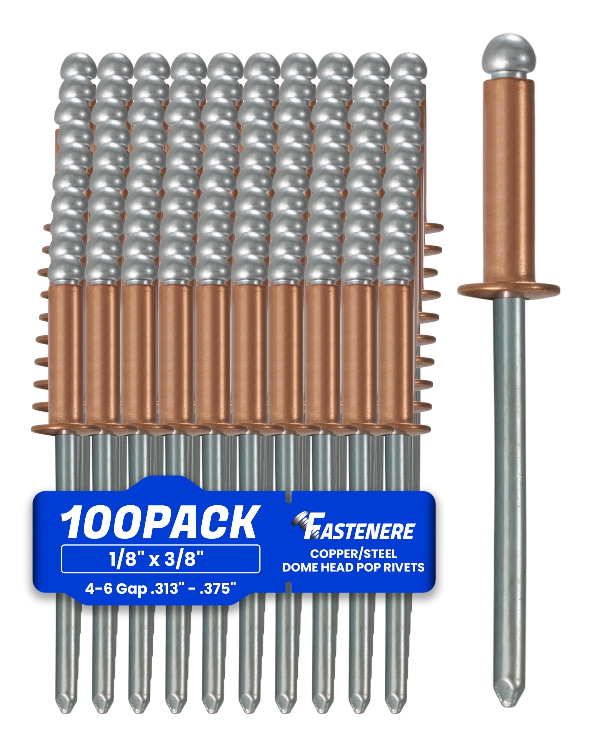 Fastenere Copper Pop Rivets - 1/8" x 3/8" (100 Pack) Copper Body Steel ...