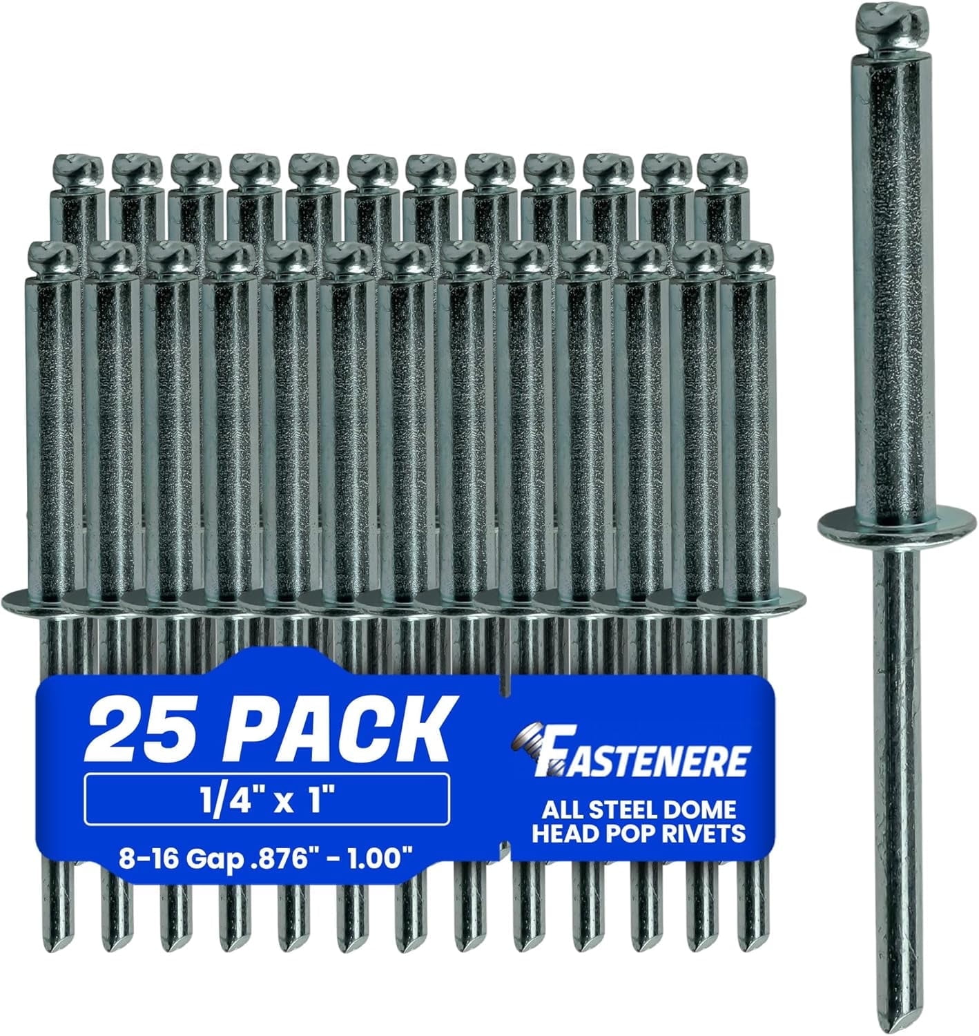Fastenere Pop Rivets - 1/4" x 1" (25 pcs) Heavy Duty, Open-End, Low ...