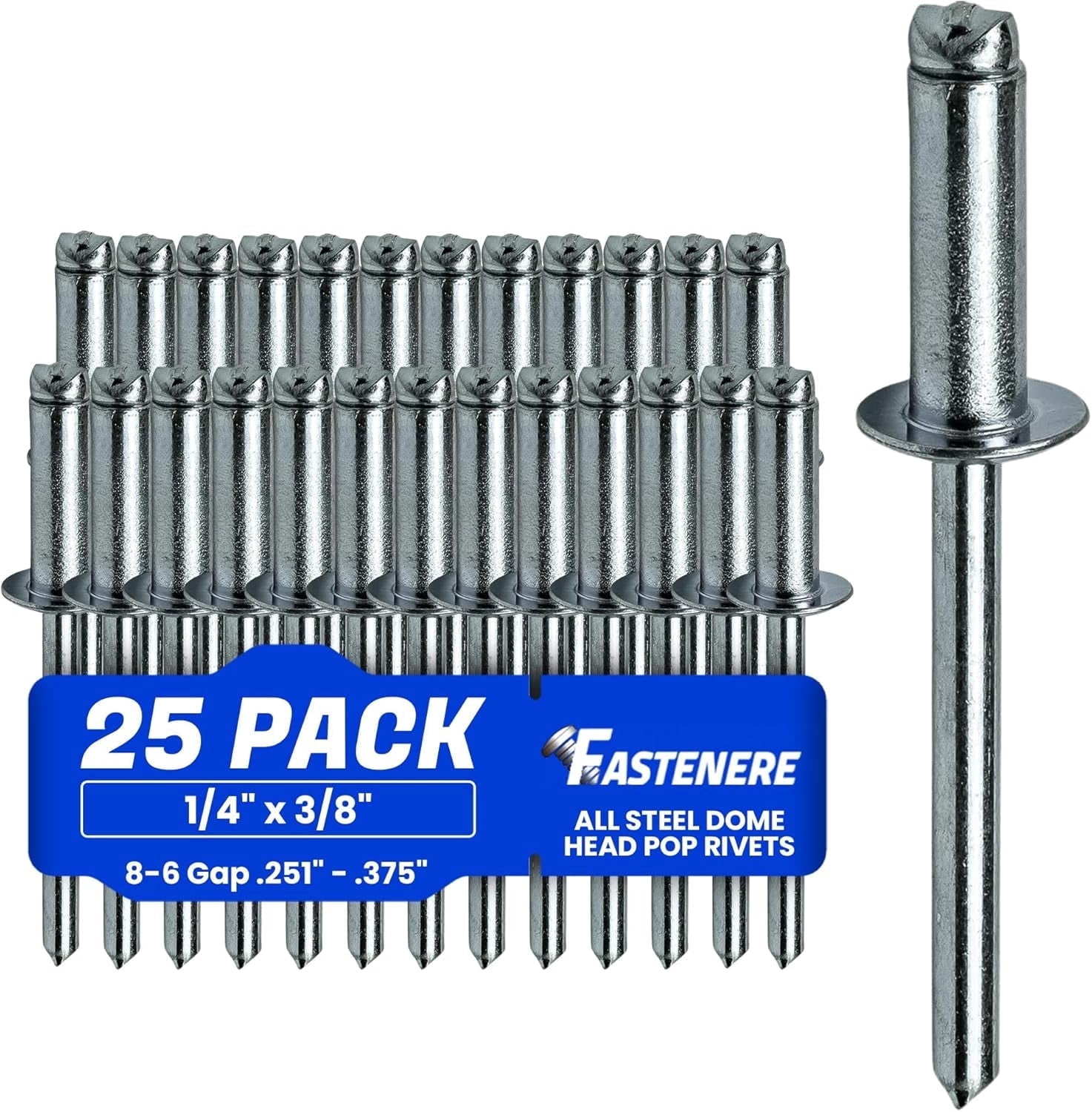 Fastenere Pop Rivets - 1/4" x 3/8" (25 pcs) Heavy Duty, Open-End, Low ...
