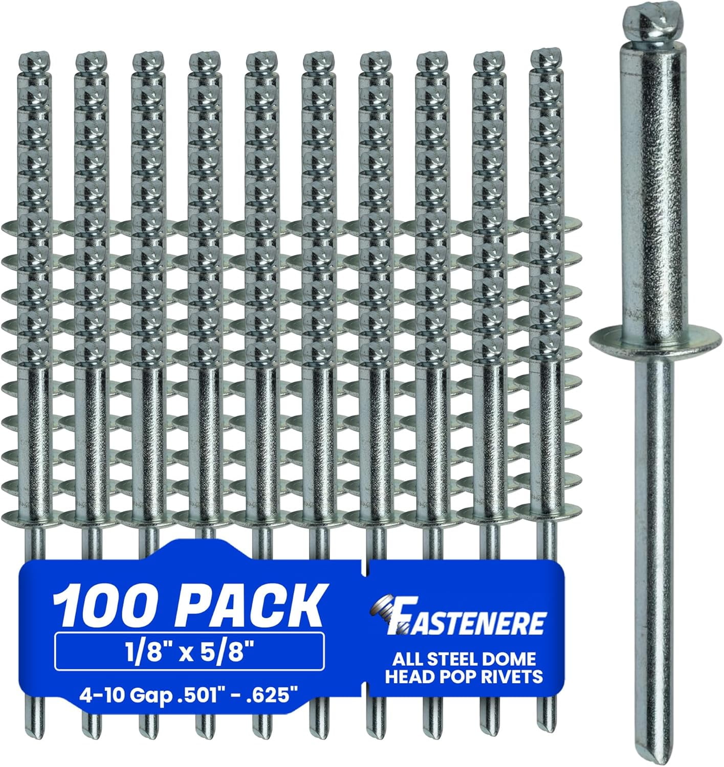 Fastenere Pop Rivets - 1/8" x 5/8" (100 pcs) Heavy Duty, Open-End, Low ...