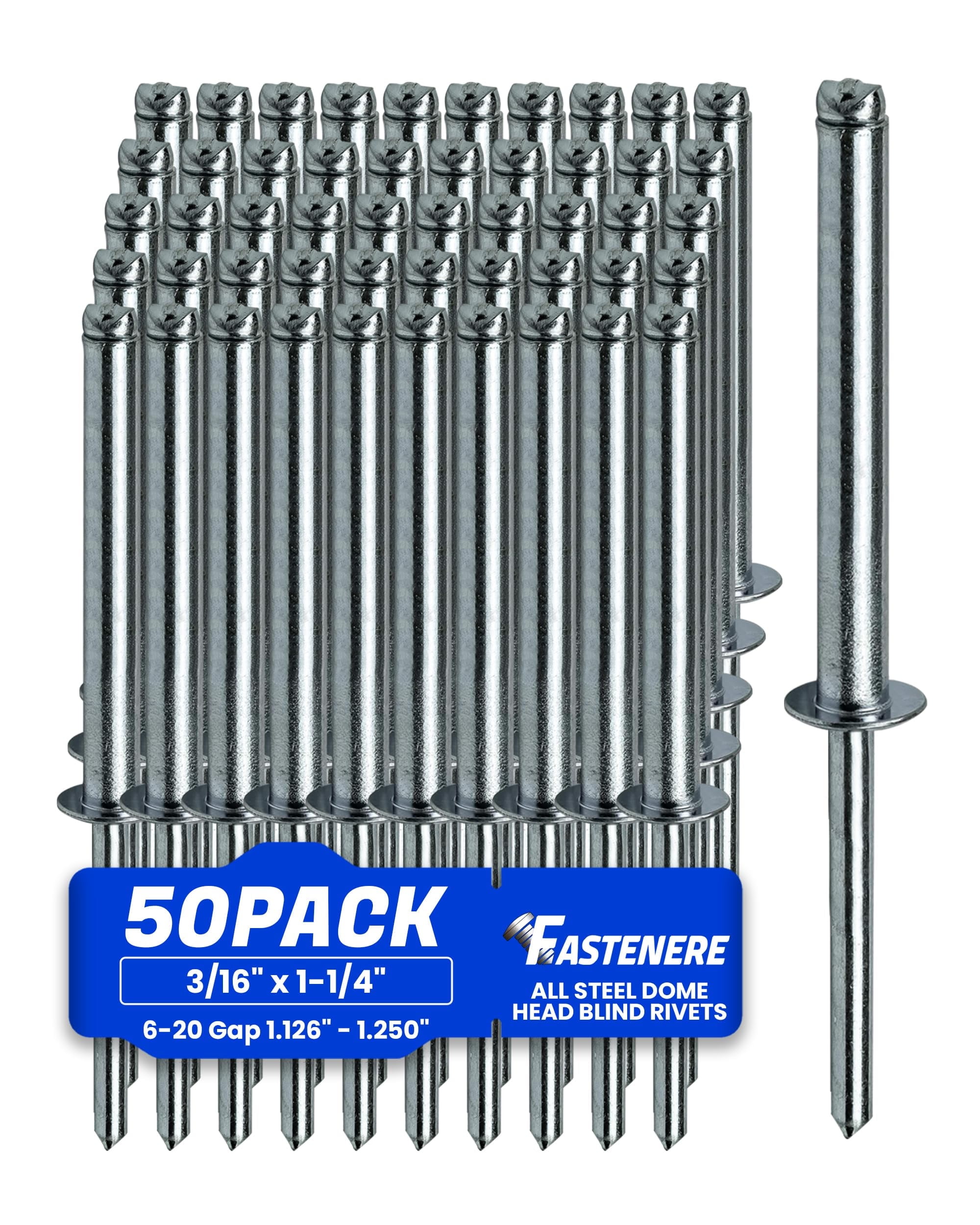 Fastenere Pop Rivets 3/16" x 1-1/4" (50 pcs) Aluminum Body Steel ...