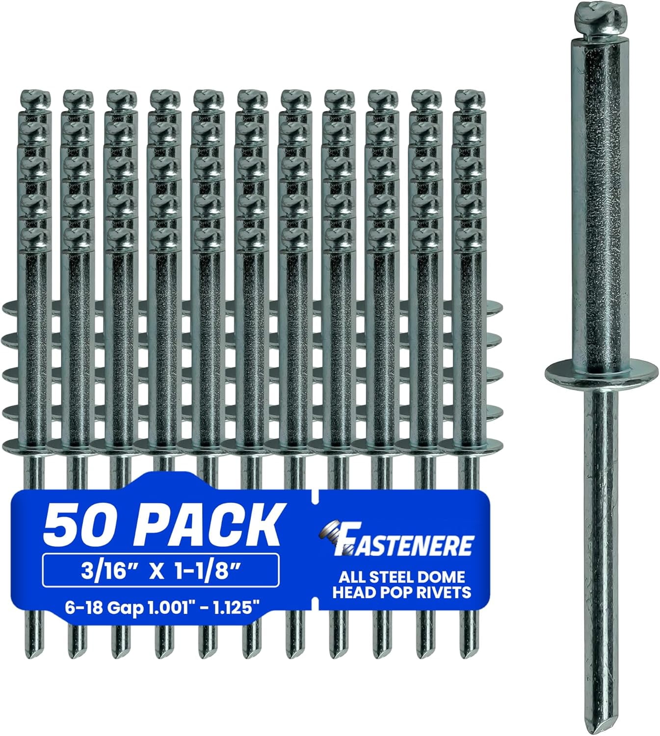 Fastenere Pop Rivets - 3/16" x 1-1/8" (50 pcs) Heavy Duty, Open-End ...