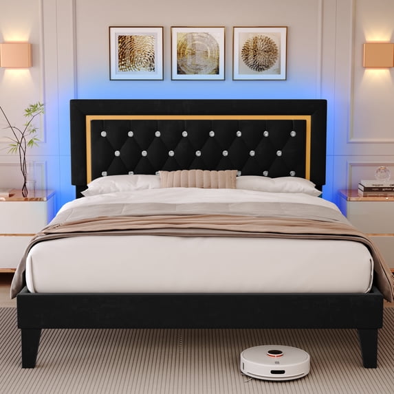 Fastroby Upholstered Queen Bed Frame with LED Lights, Adjustable ...