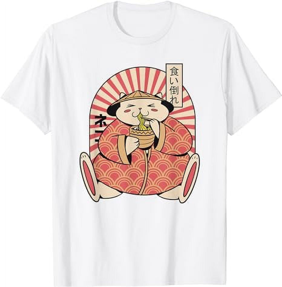 Fat Anime Cat eating a bowl of Ramen Noodles - Japanese white T-Shirt ...