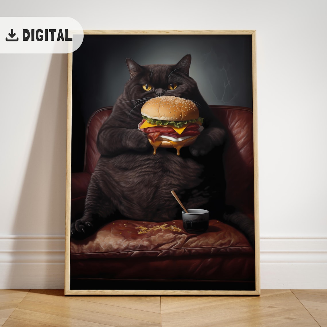 Fat Black Cat With Burger Wall Art, Vintage, Funny Catful Kitchen Decor ...