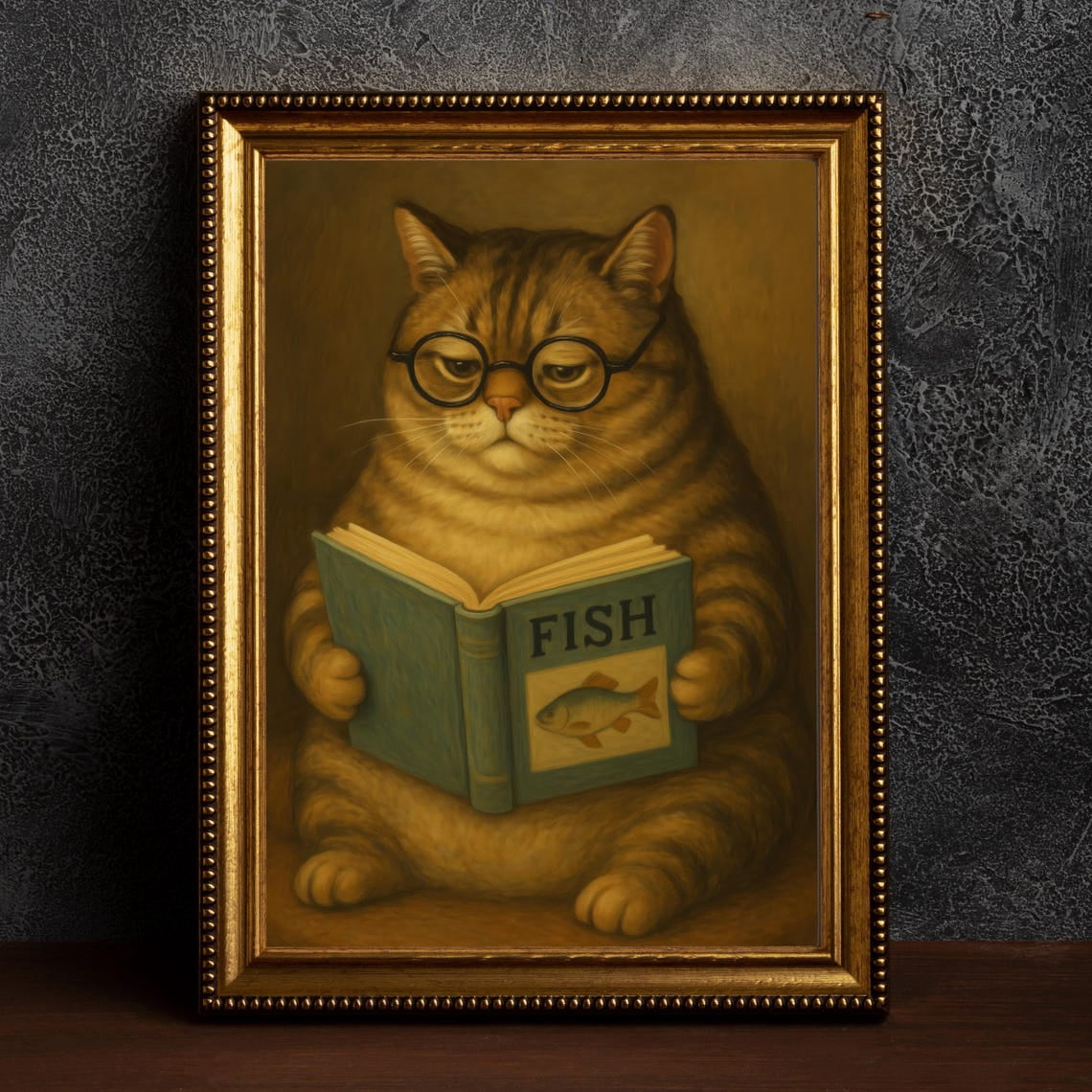 Fat Cat Reading Book, Vintage Poster,, Book Lover Decor, Dark Academia ...