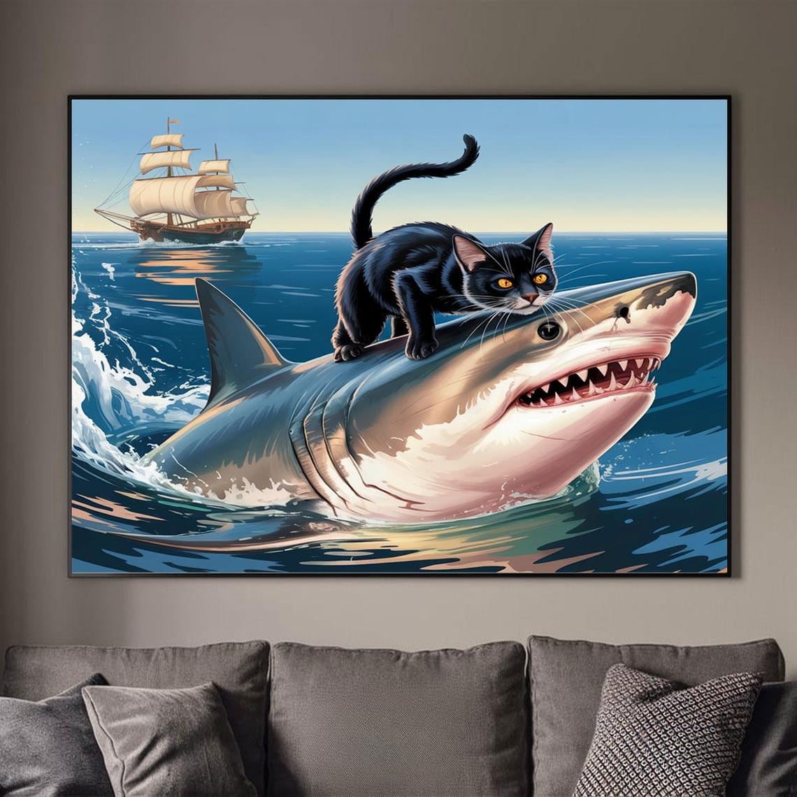 Fat Cat Vs Shark, Meme Art In Renaissance Style, Funny Ocean Artwork ...