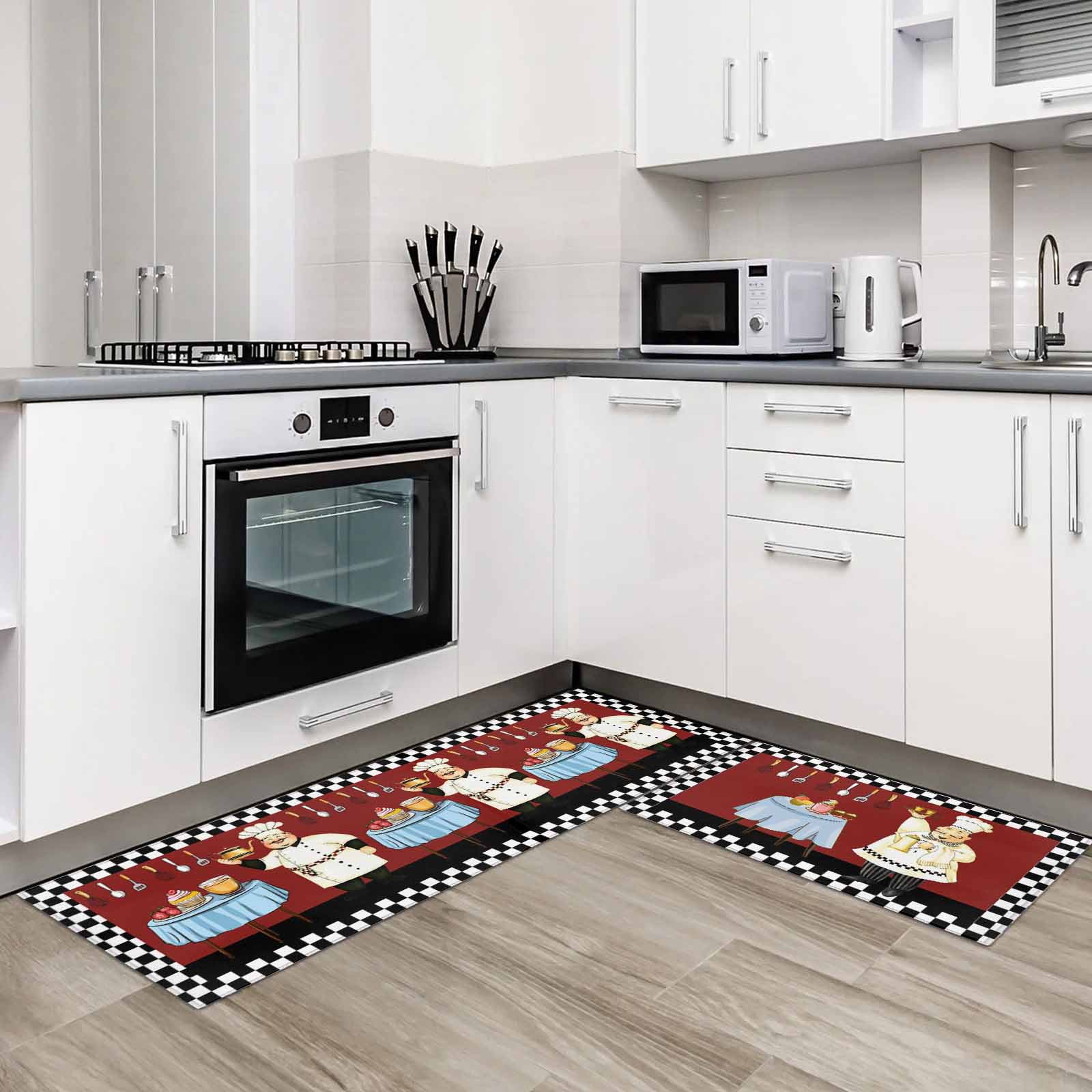 Fat Chef 2 Pieces Non-Slip Kitchen Mat Set Black White Checkered ...