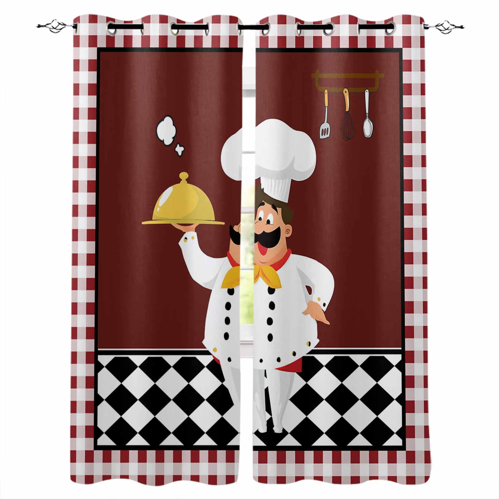 Fat Chef Blackout Curtains 39 Inches Long, Red Gourmet Kitchen Red ...