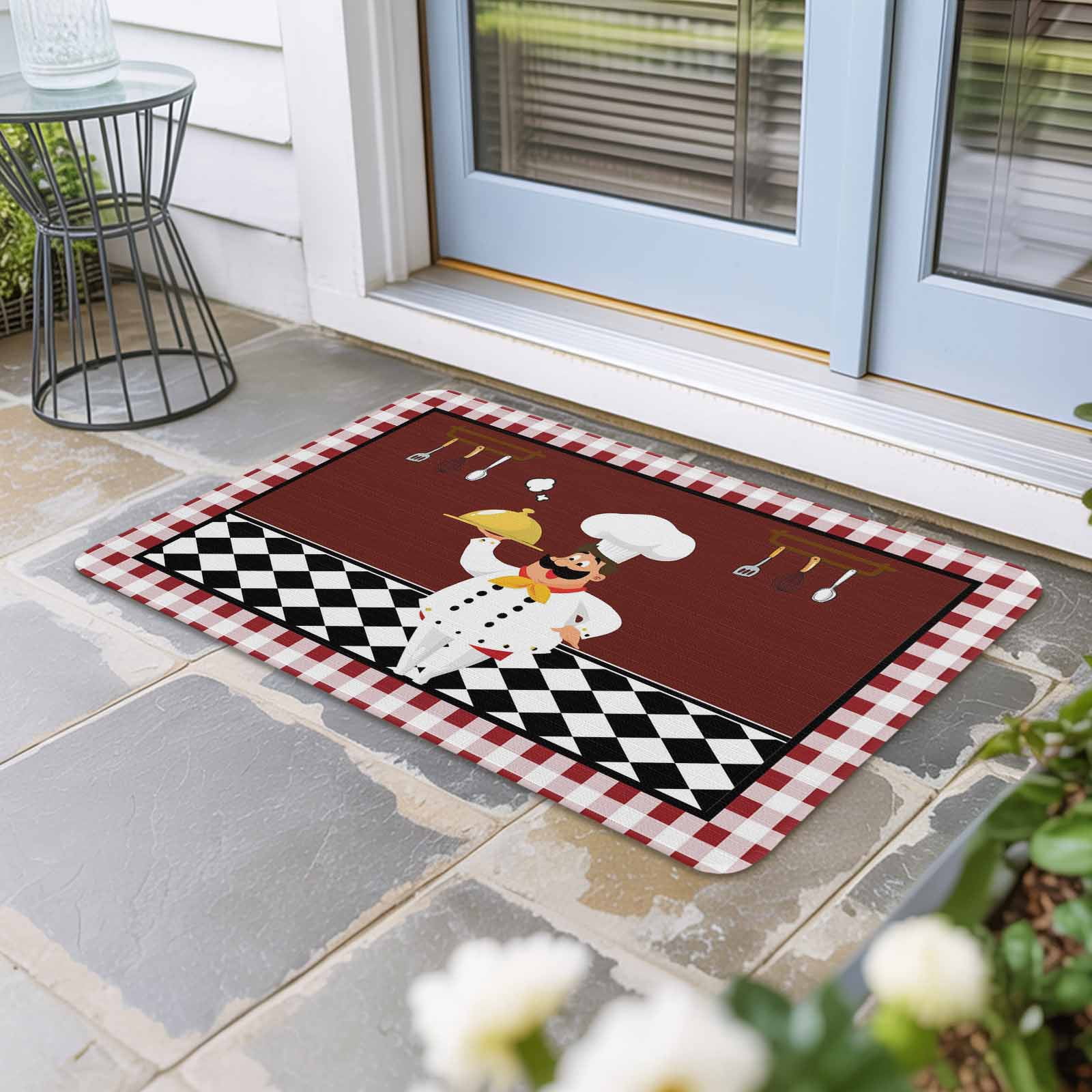 Fat Chef Door Mat Indoor Outdoor, Red Gourmet Kitchen Red Black Buffalo ...
