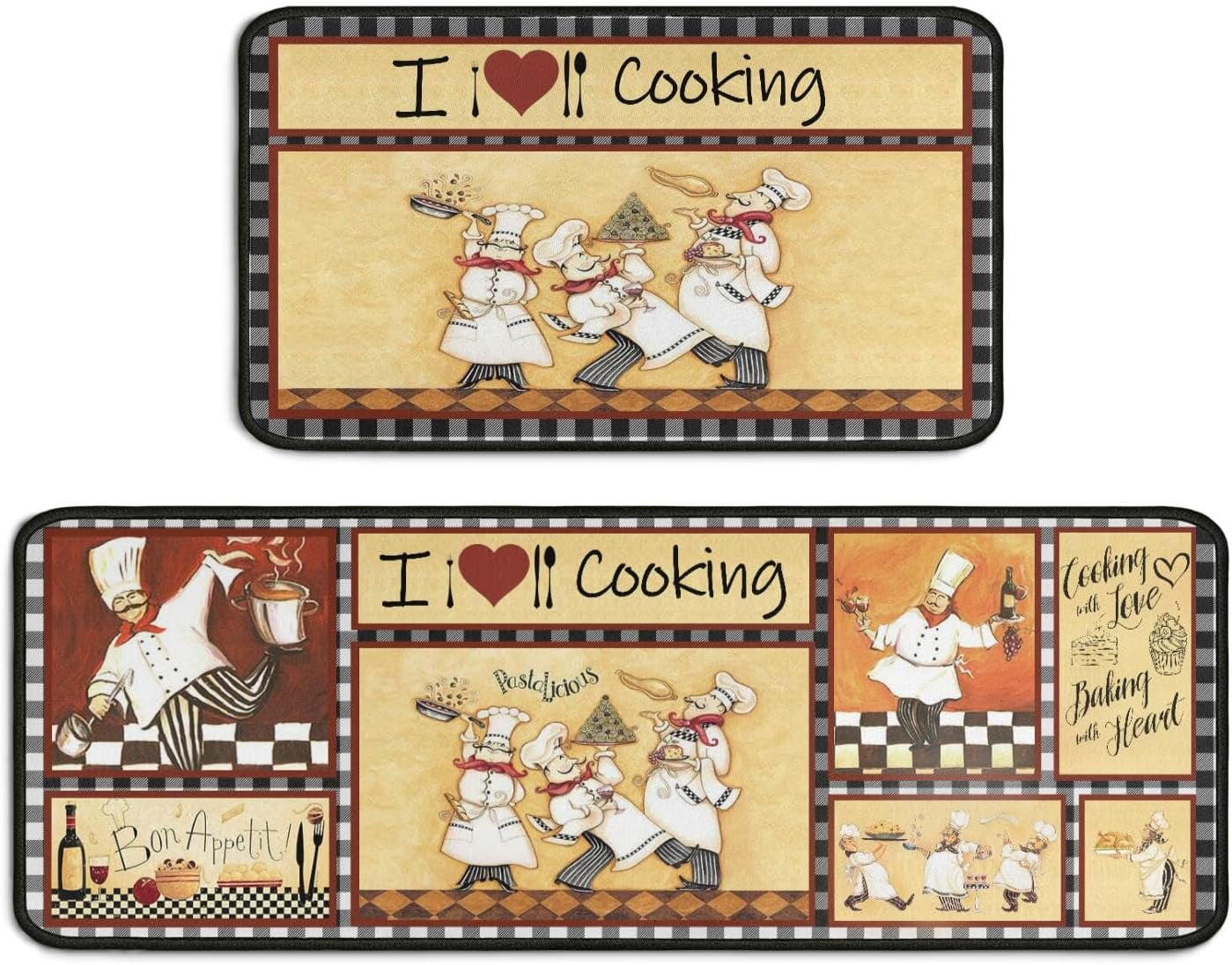 Fat Chef Kitchen Rugs Sets of 2, I Love Cooking Farmhouse Washable Anti ...
