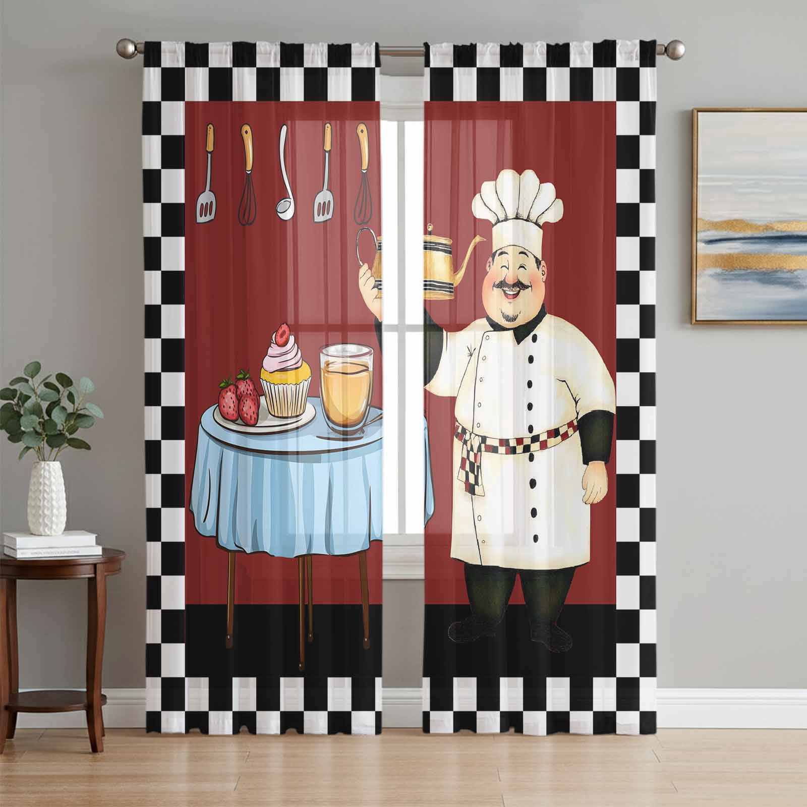 Fat Chef Sheer Curtains 63 Inch Length 2 Panels Set, Black White ...